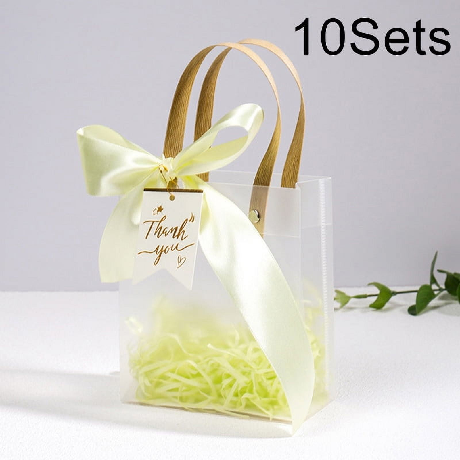 10Sets Clear PVC Gift Bags with Ribbon Tag Raffia Grass Portable Tote ...
