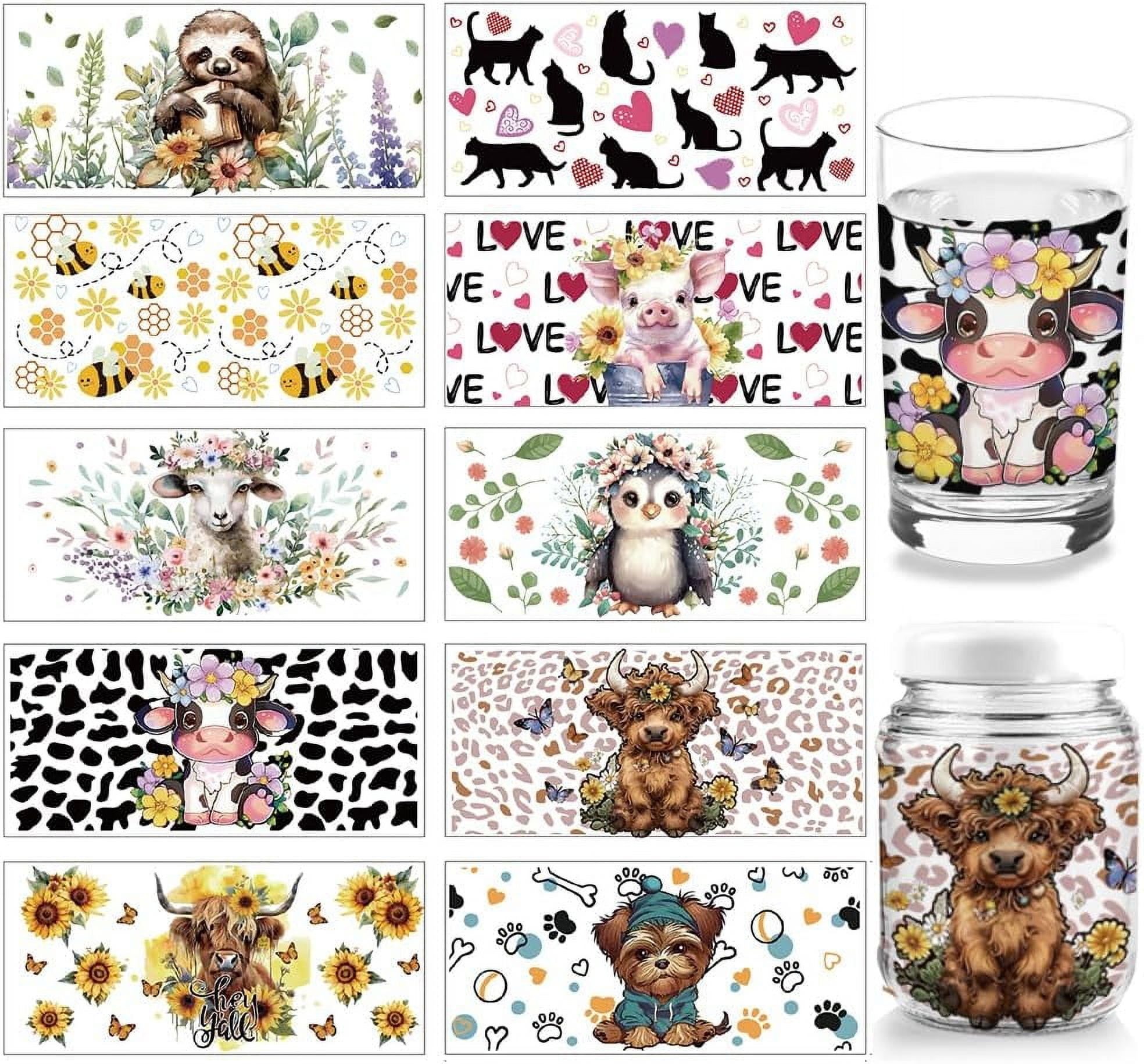 10Sheets Cartoon Animal UV DTF Cup Wrap 10 Styles Cows Sloths Cats Rub ...