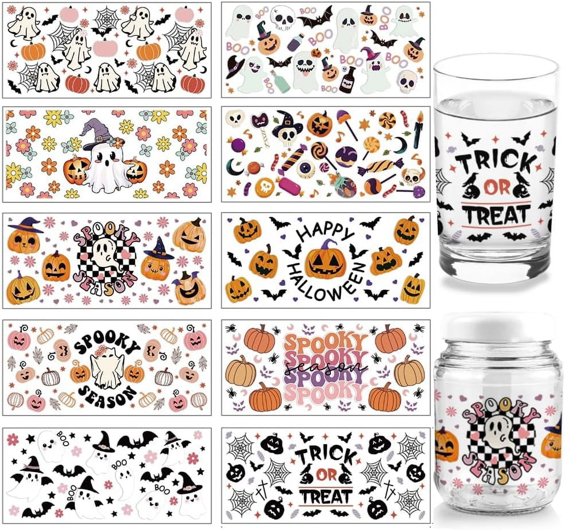 10Sheets UV DTF Cup Wrap Transfer Stickers for Glass 10 Styles Halloween Cute Ghost Pumpkin Rub ...