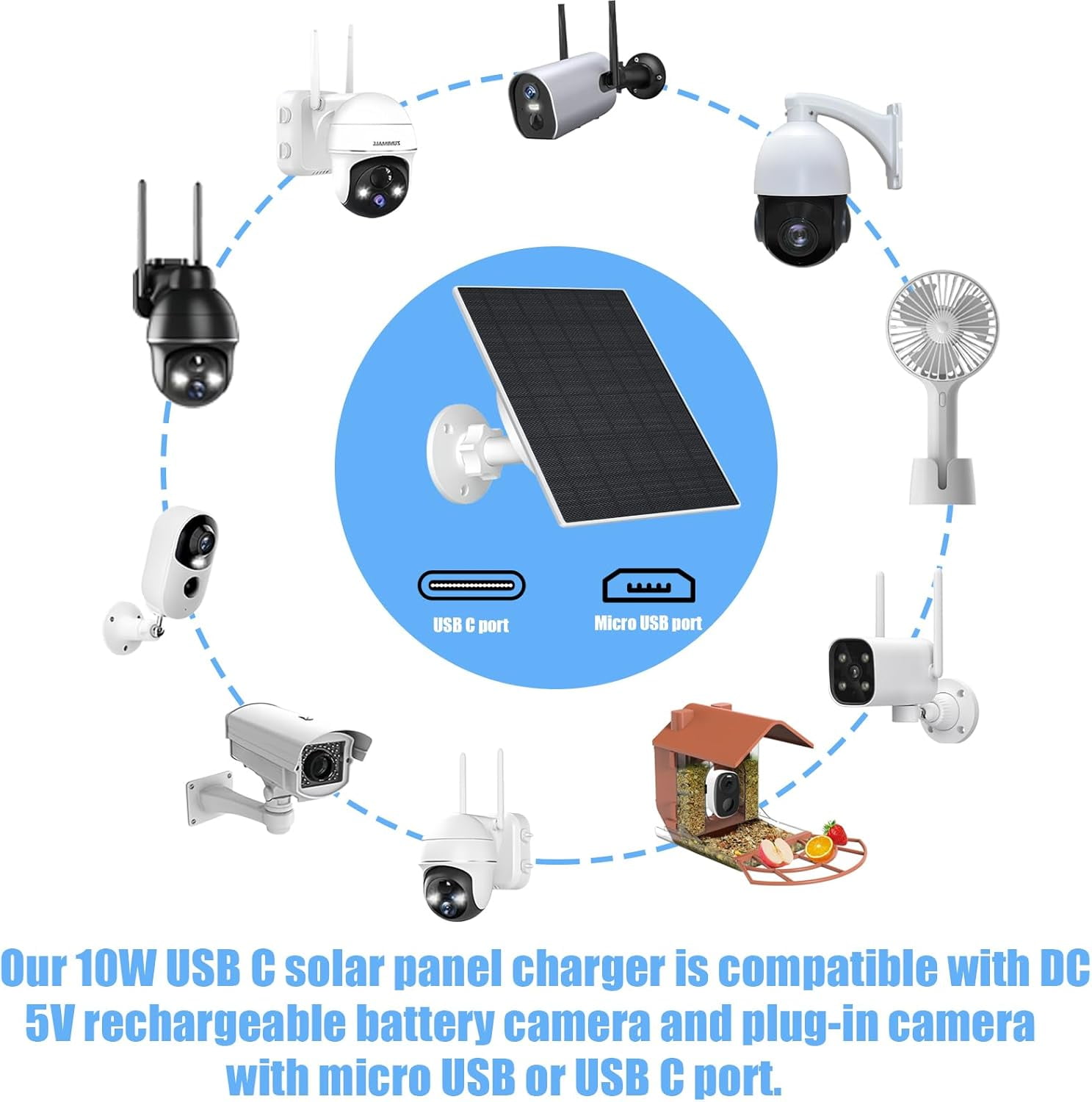 10W USB C Panel Charger for Security Cameras, Compatible with Micro USB ...