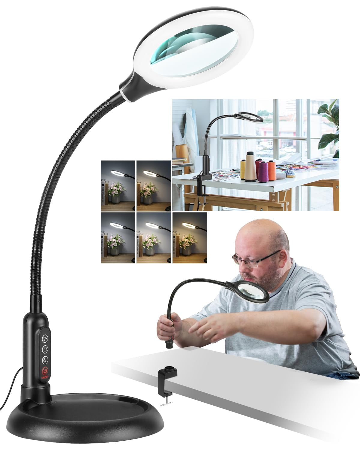 10X Magnifier with Light and Stand, Stepless Dimming LED 5 Colors ...