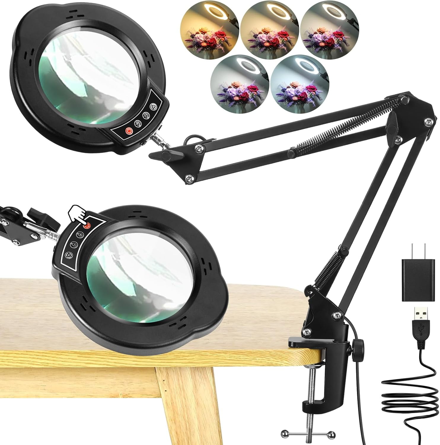 10X Magnifying Glass with Light and Clamp, 5 Color Modes Stepless ...