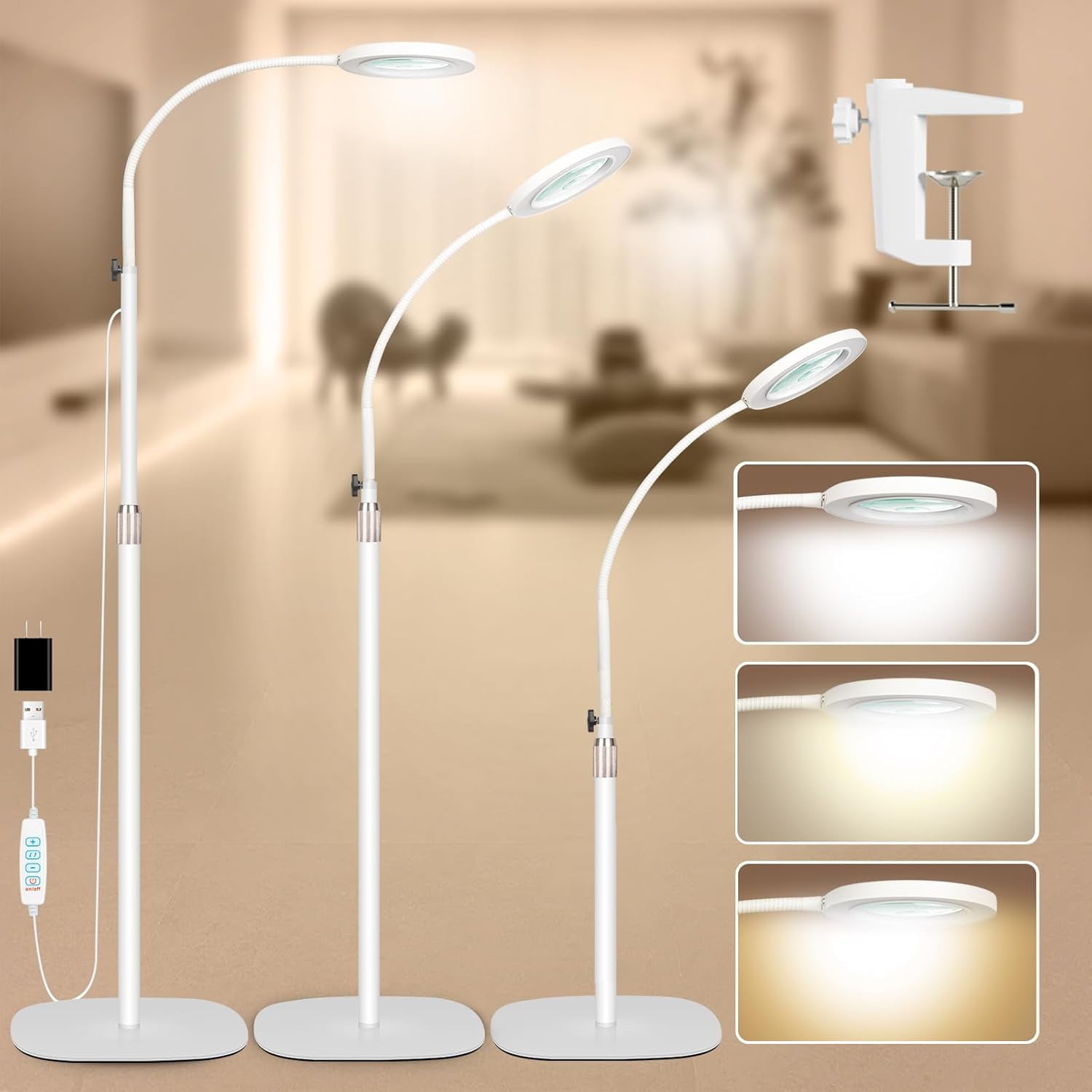 10X Magnifying Glass with Light and Clamp, Hands Free Magnifying Floor ...