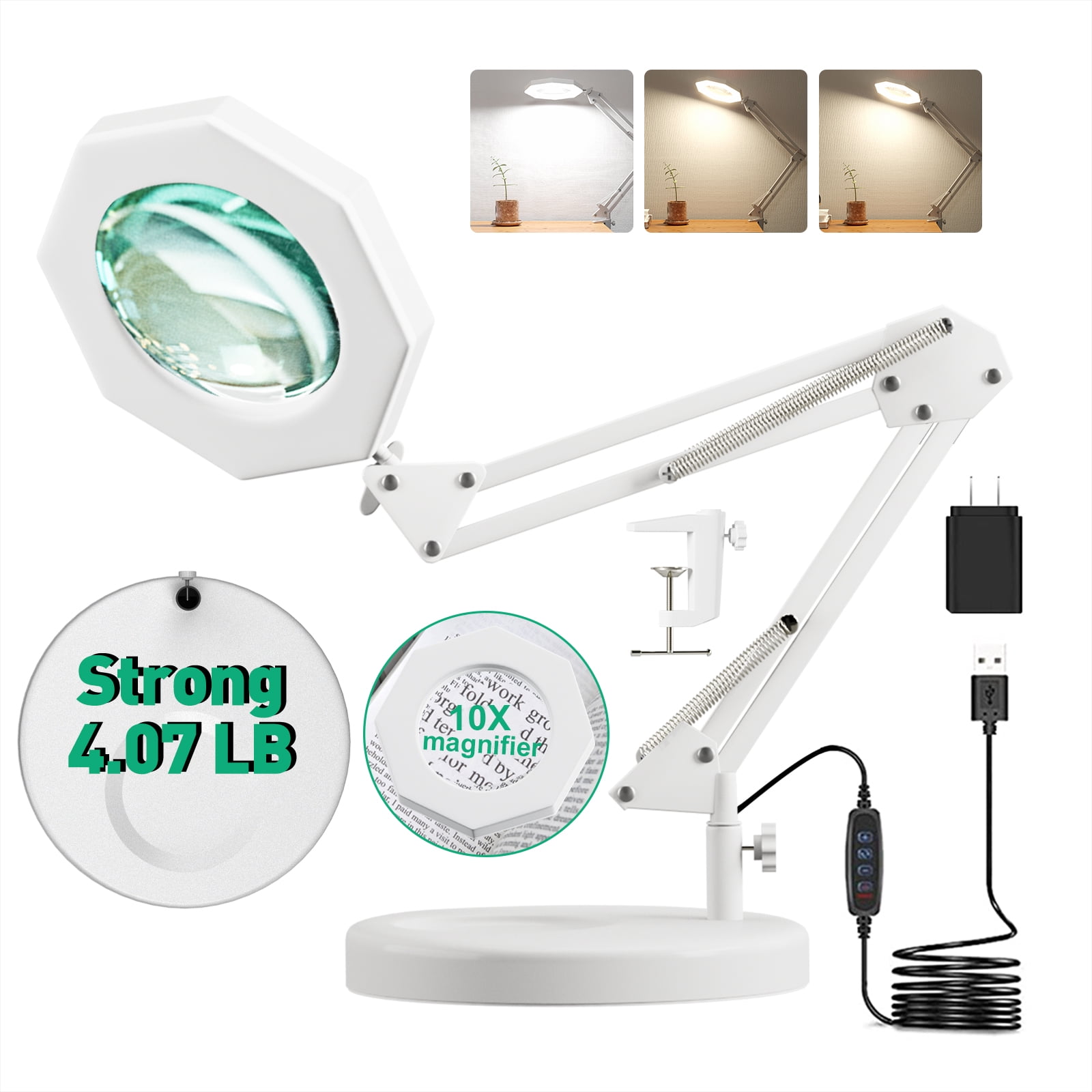 KIRKAS 10X Lighted Magnifying Glass, 3-Color Dimmable LED Lamp, Desk ...