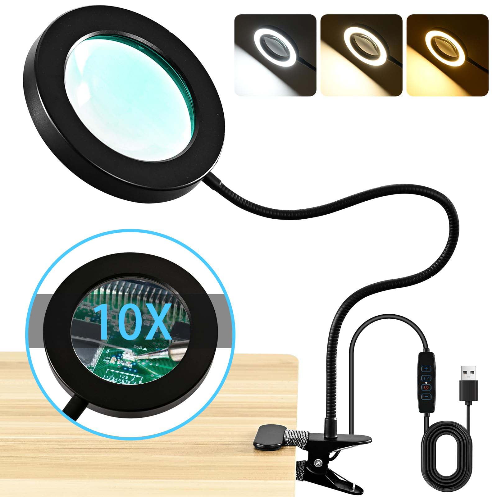 10X Magnifying Glass with Light and Clamp 3 Modes Dimmable Magnifying ...