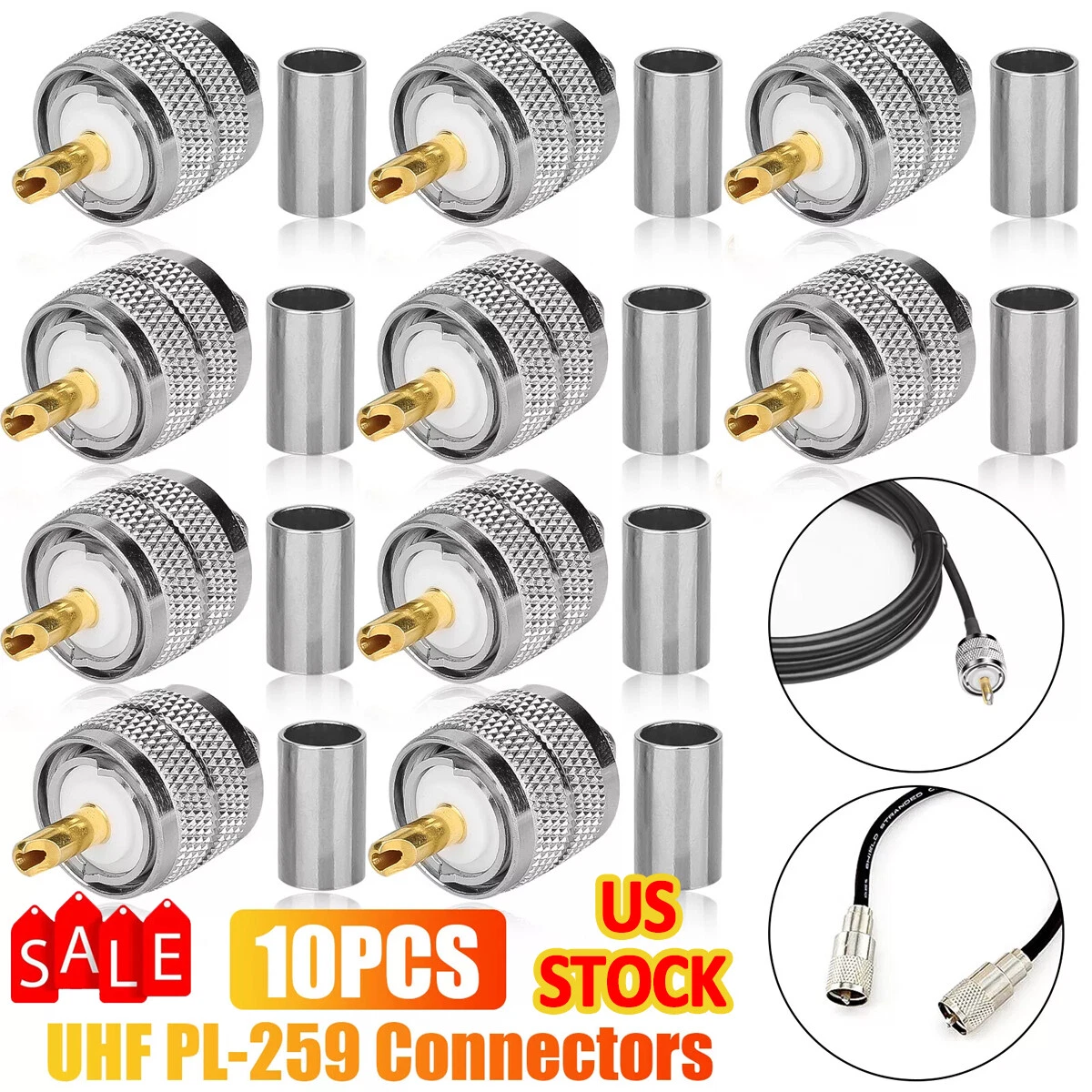 10X Uhf Pl-259 Male Solder Connector Plug W/ Reducer For Rg8X Coaxial ...