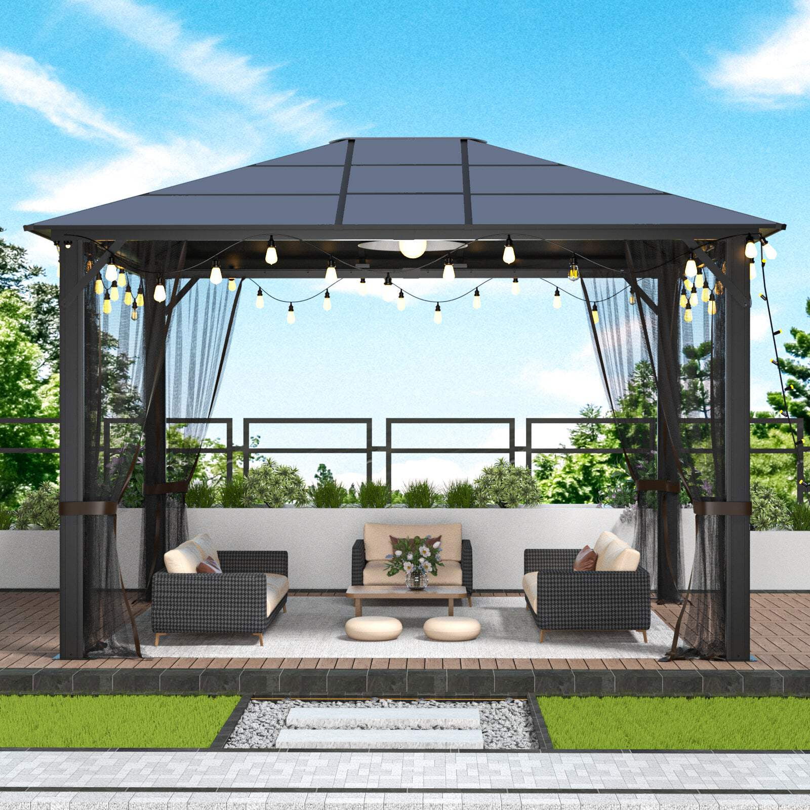 10X12 Hardtop Metal Gazebo,Heavy Duty Pergola With Mosquito Nets ...