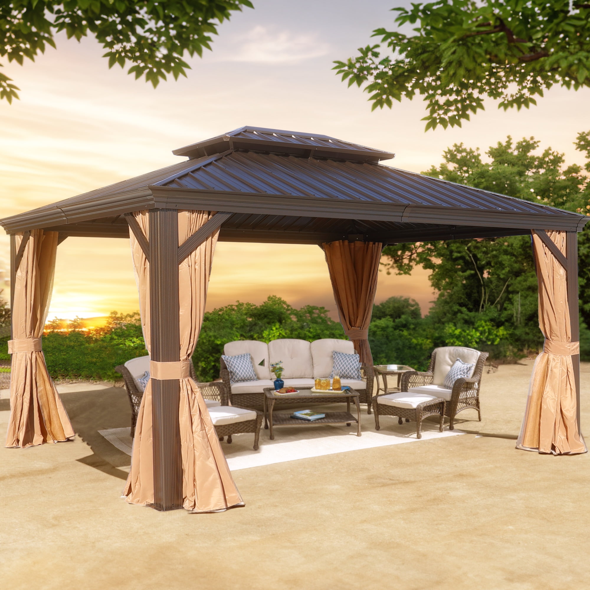 10X12Ft Hardtop Gazebo With Netting Curtain, Brown Brown Rectangular ...