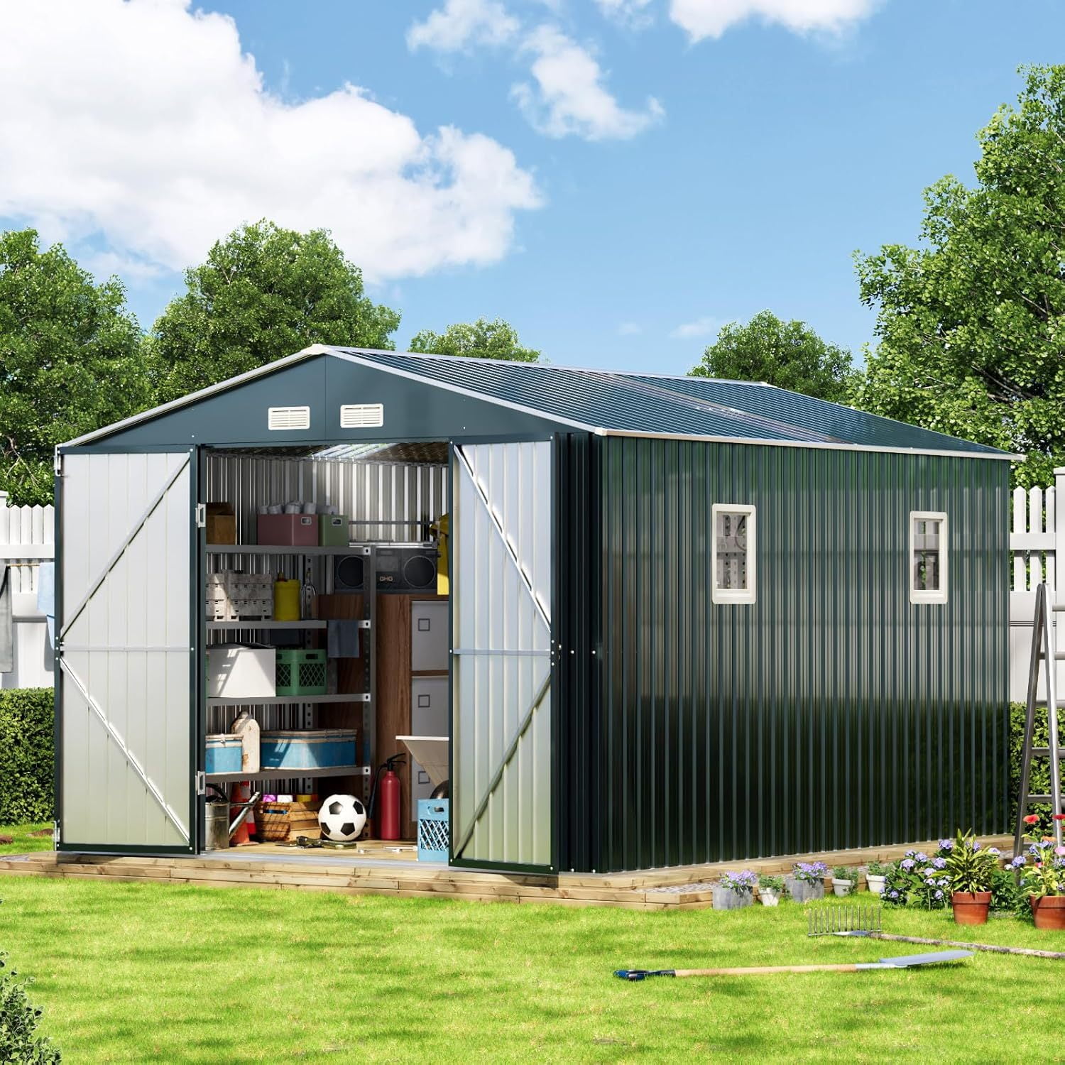 10X12X7.5 FT Outdoor Steel Storage Shed with Lockable Doors, 2 Windows ...