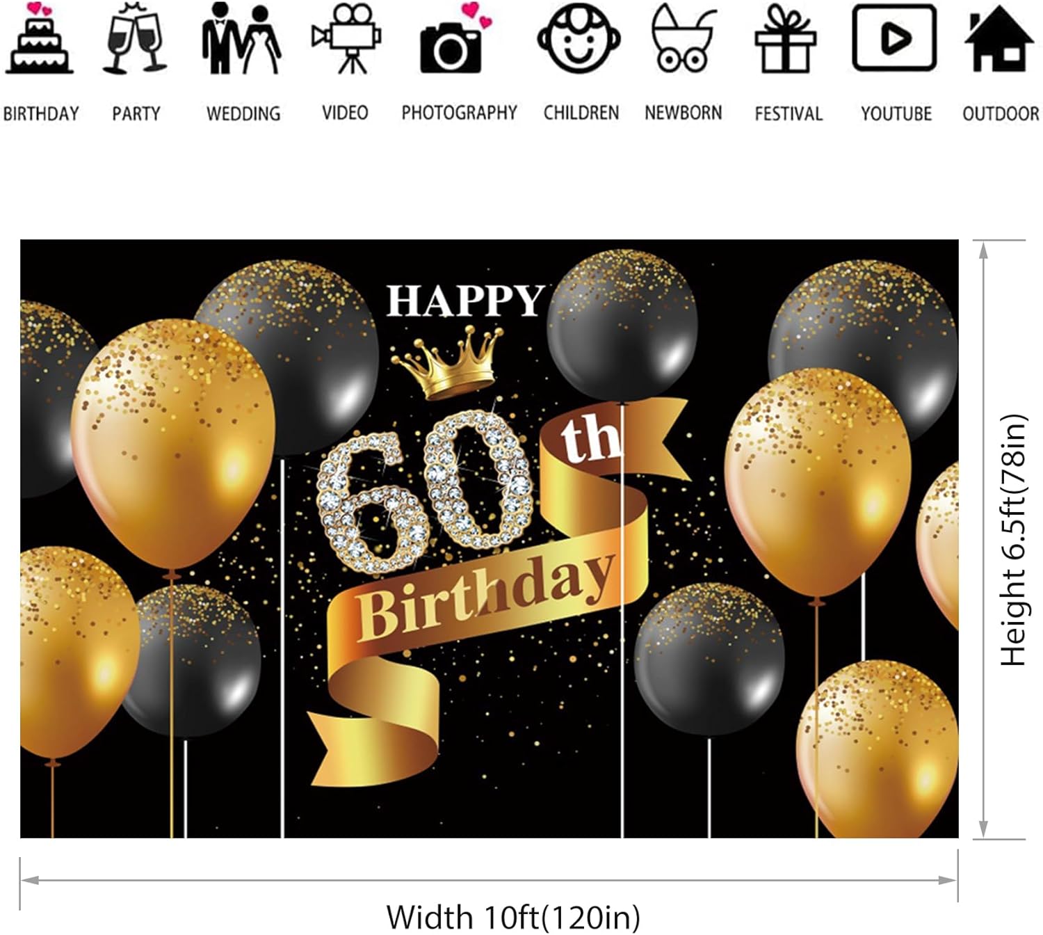 10X6.6Ft Happy 60Th Birthday Backdrop Black Gold Balloons 60Th Birthday Pho - Walmart.com