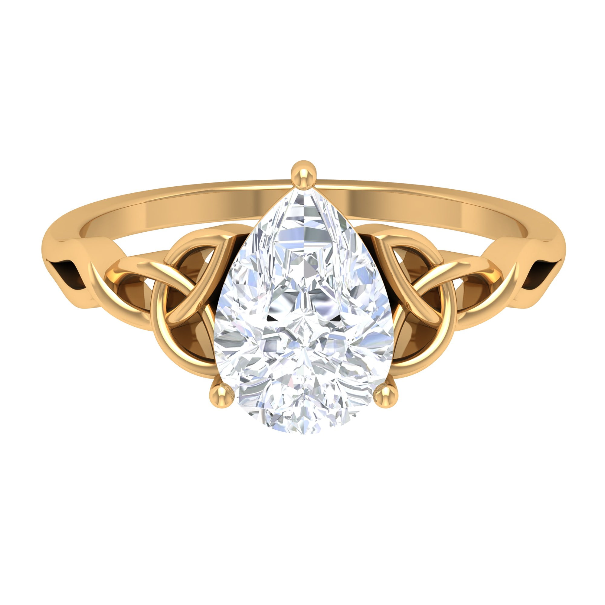 Pear Shaped Moissanite Solitaire Celtic Knot Engagement Ring 2 Carat - 7x10 mm, 14K Yellow Gold ...