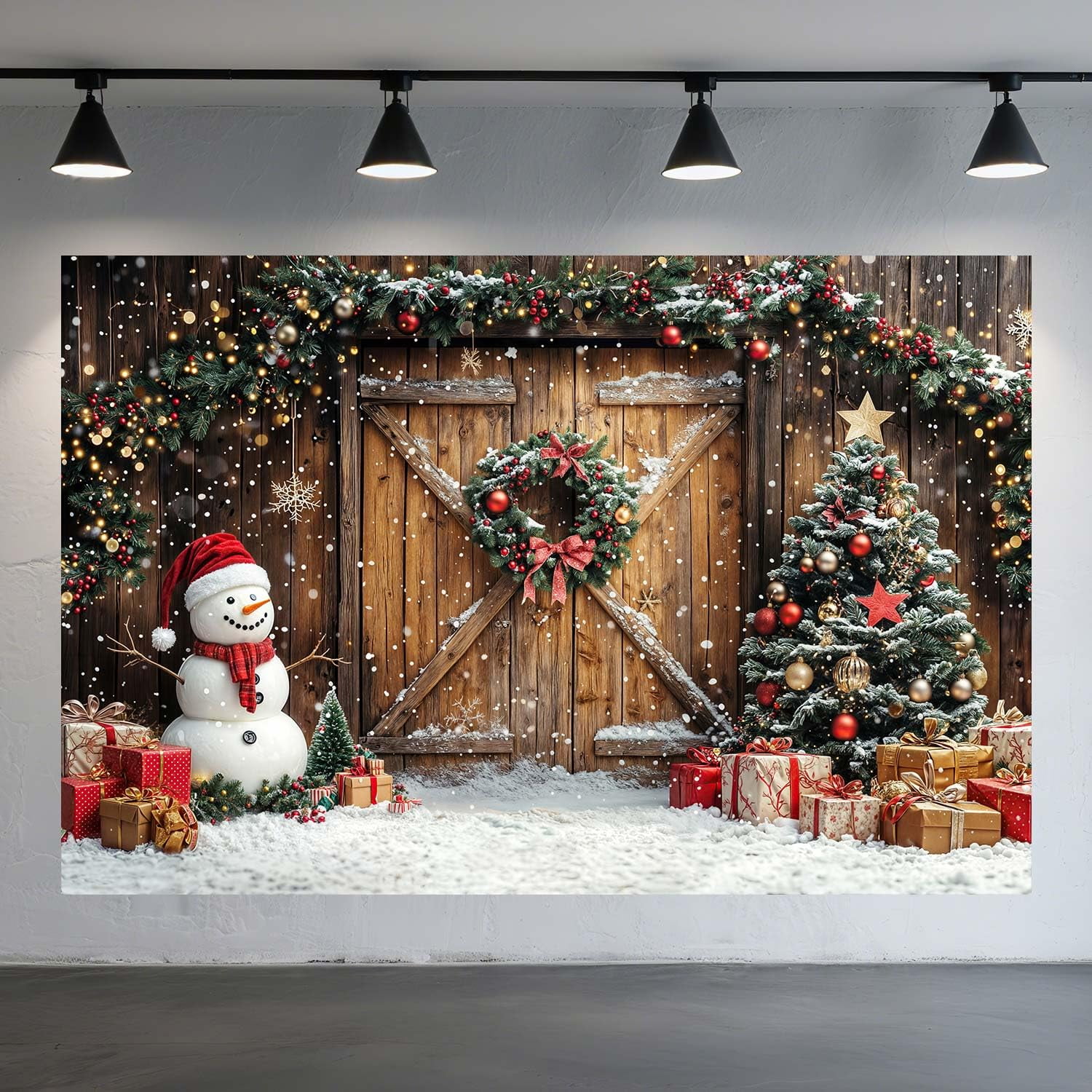 10X8FT Christmas Backdrop Funny Snowman Rustic Barn Wooden Door ...