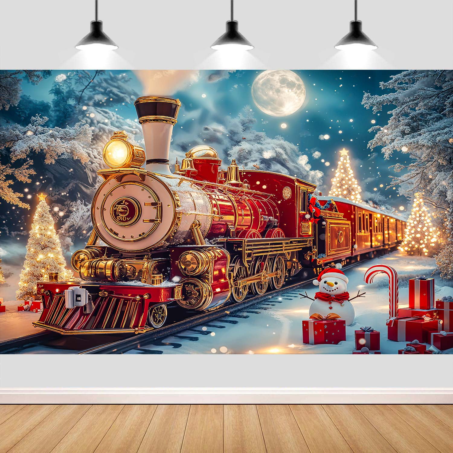 10X8ft Christmas Train Backdrop, Winter Snow Night Forest Fairytale ...