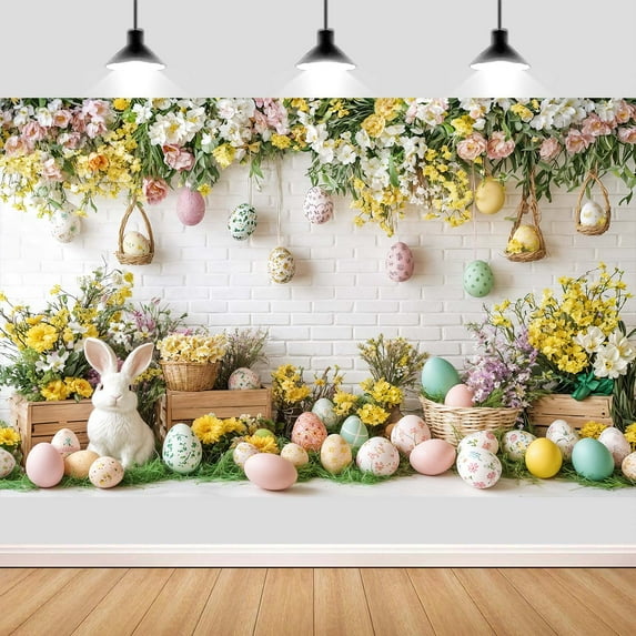 10X8ft Easter Backdrop Flowers Rustic Wooden Wall Spring Colorful Eggs ...