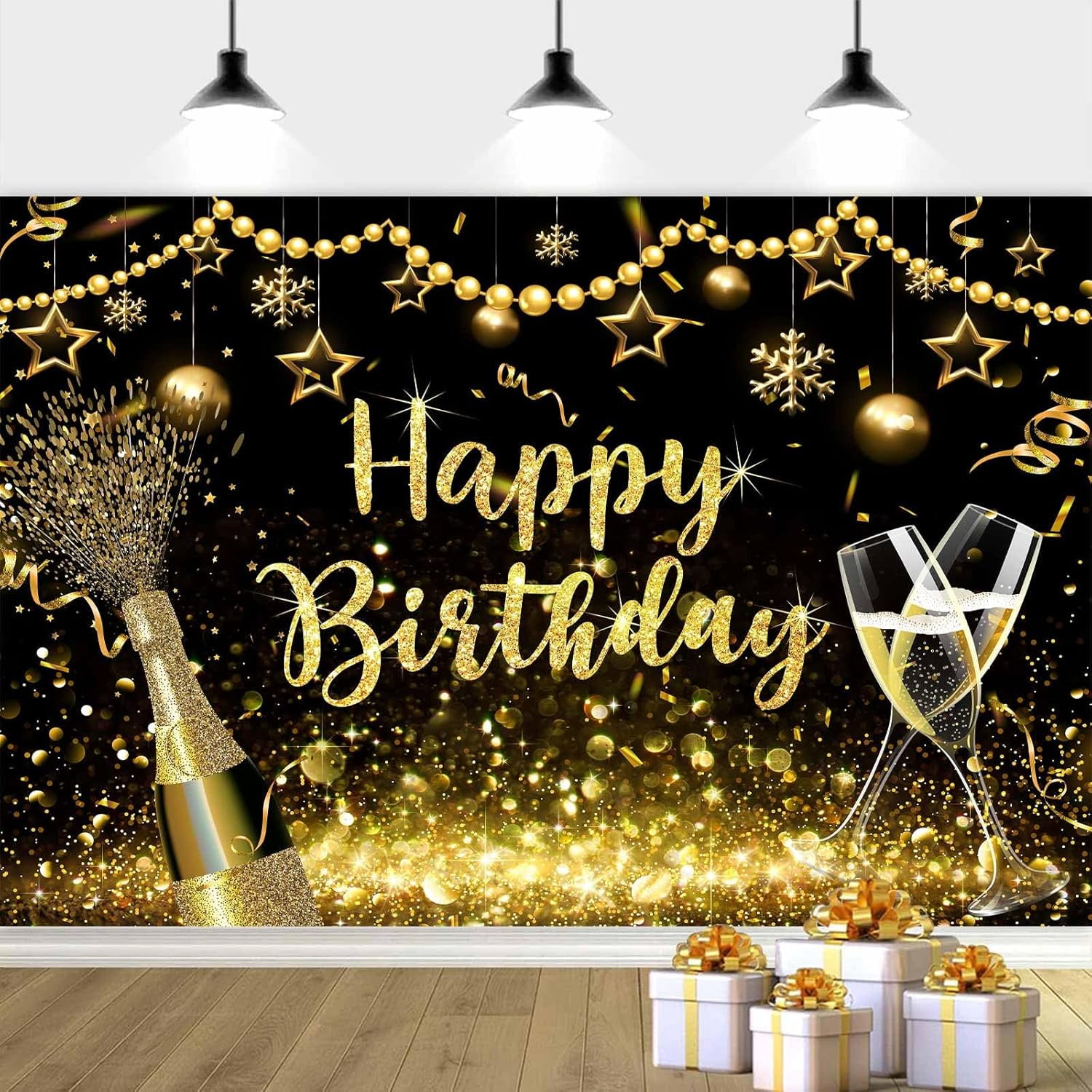 10X8ft Happy Birthday Background Black and Gold Birthday Background, Gold Glitter Birthday ...