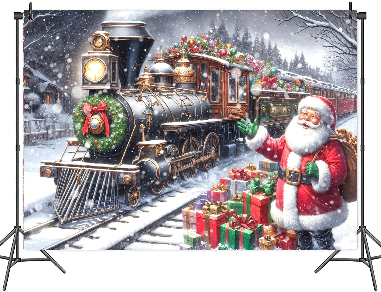 10X8ft Winter Night Christmas Train Backdrop Green Xmas Claus Tree Gift ...