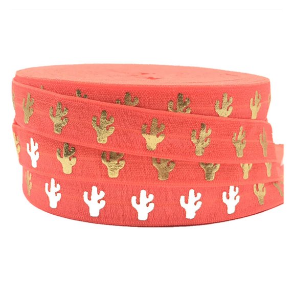 10Yards 16mm Gold Foil Cactus Printed Fold Over Elastic Ribbon Webbing ...