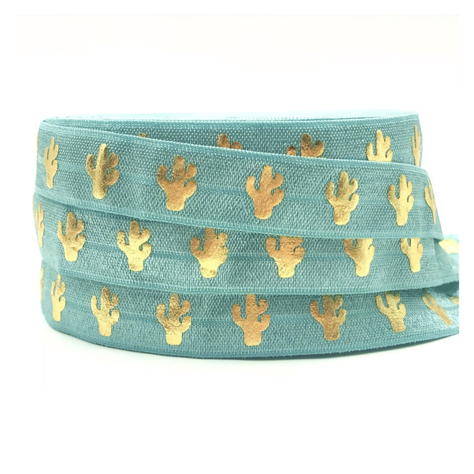 10Yards 16mm Gold Foil Cactus Printed Fold Over Elastic Ribbon Webbing ...