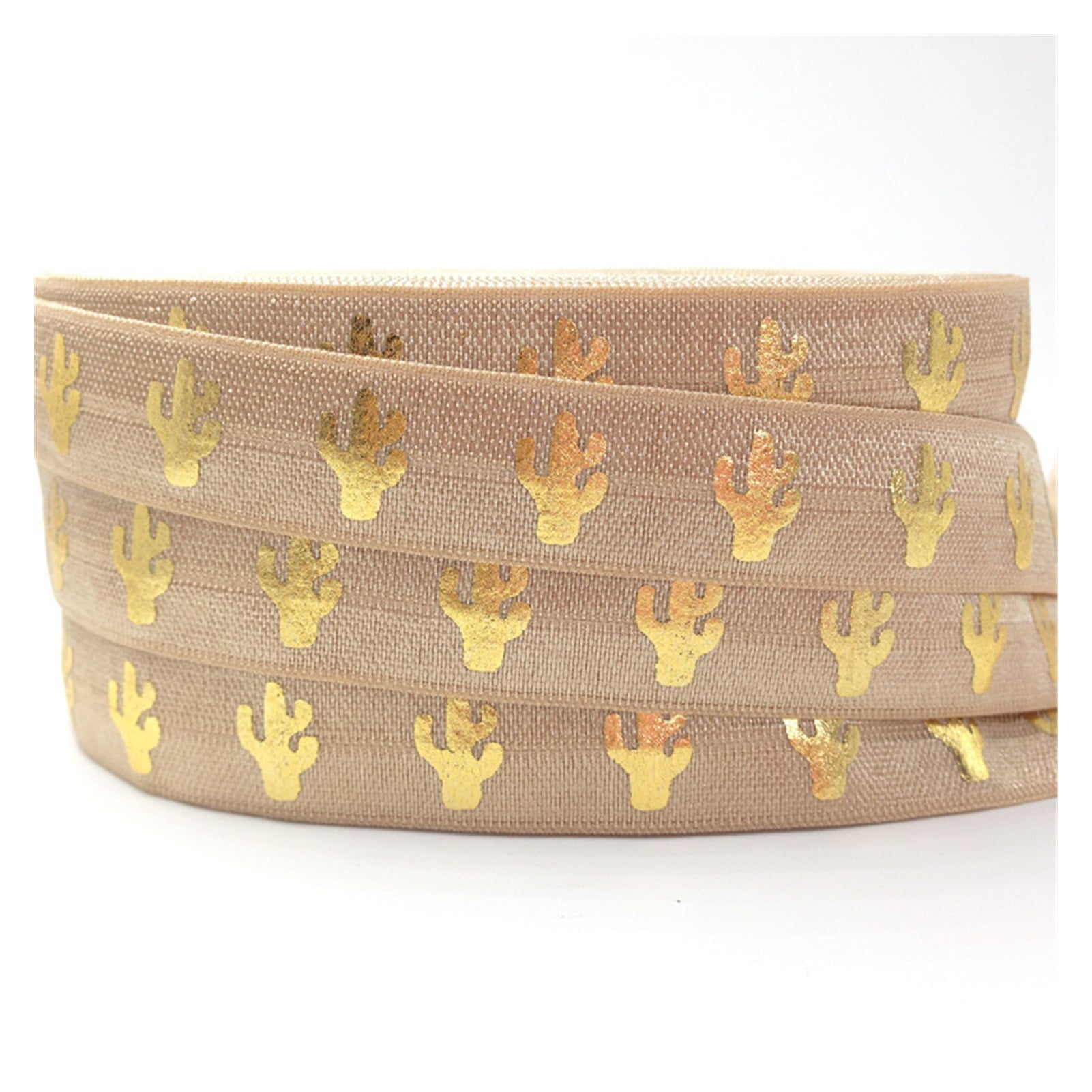 10Yards 16mm Gold Foil Cactus Printed Fold Over Elastic Ribbon Webbing ...