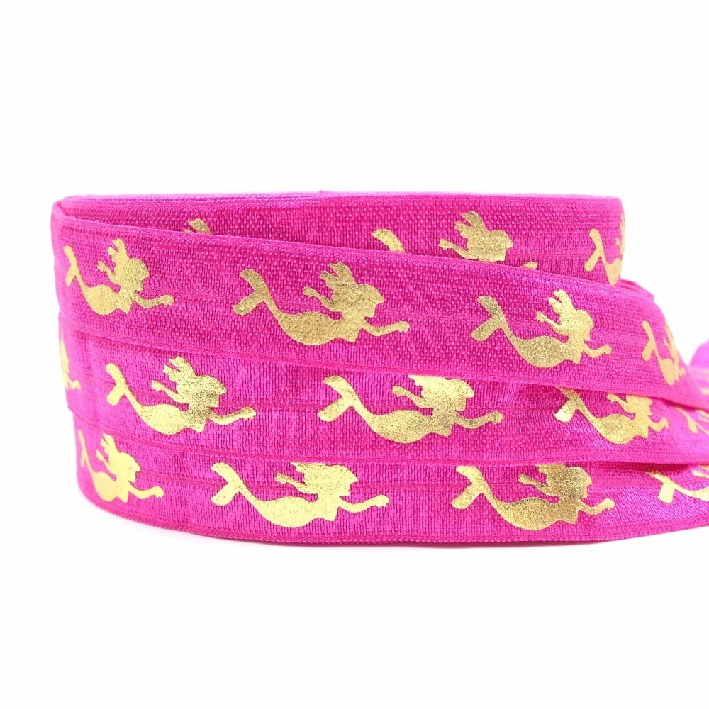 10Yards Gold Foil Mermaid Printed Fold Over Elastic Pink Elastic Ribbon ...