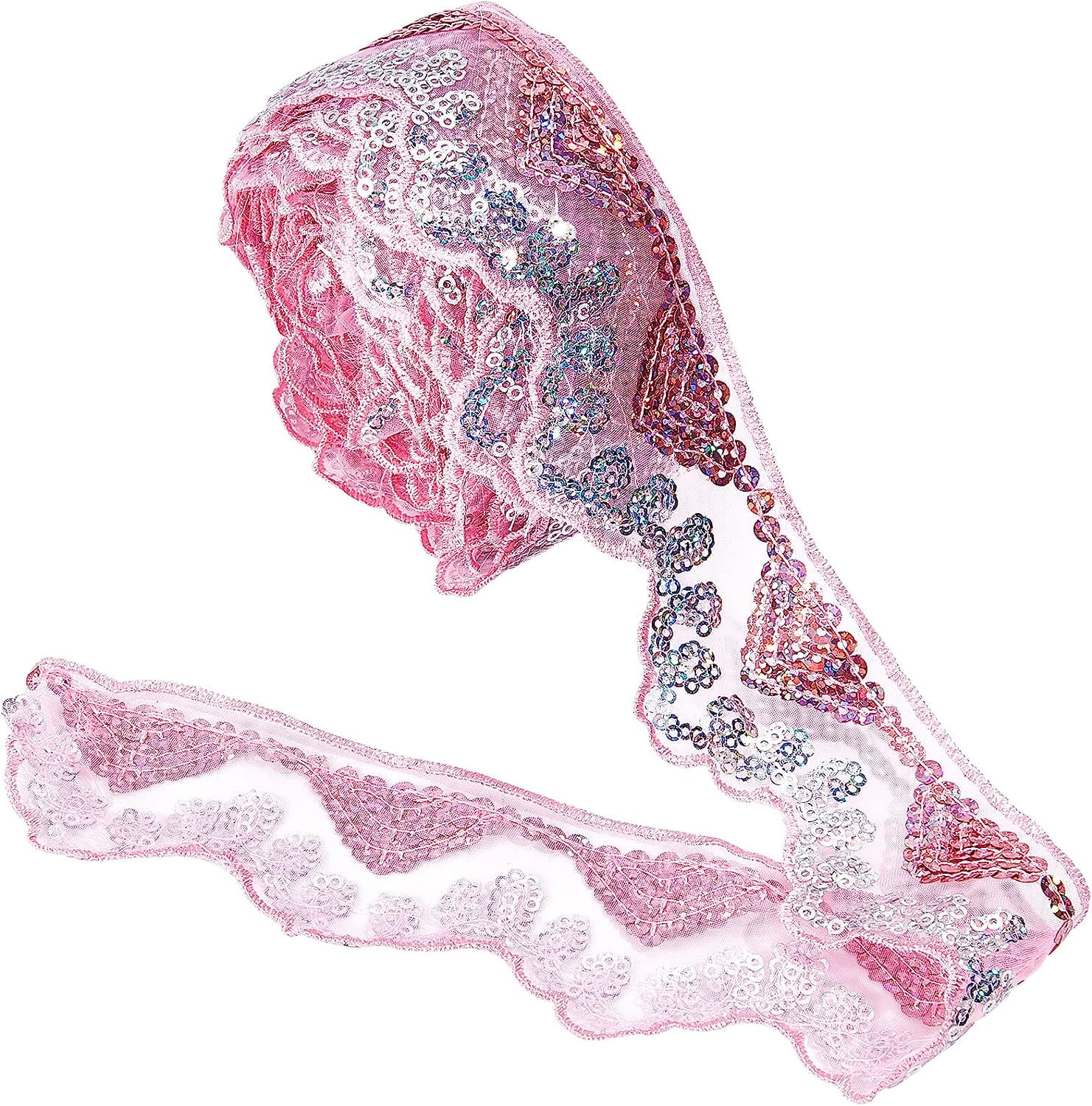 10Yds 32-1/8" Pink Beaded Lace Trim Sequin Polyester Trim Waved Lace ...