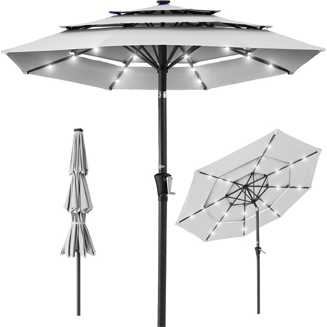 10ft 3-Tier Solar Patio Umbrella - LED Lights, Tilt Adjustment, 8 Ribs ...