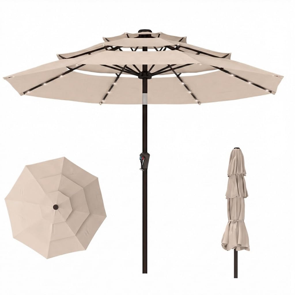 10ft 3-tier Beige Patio Umbrella with Solar LED Lights for Deck ...