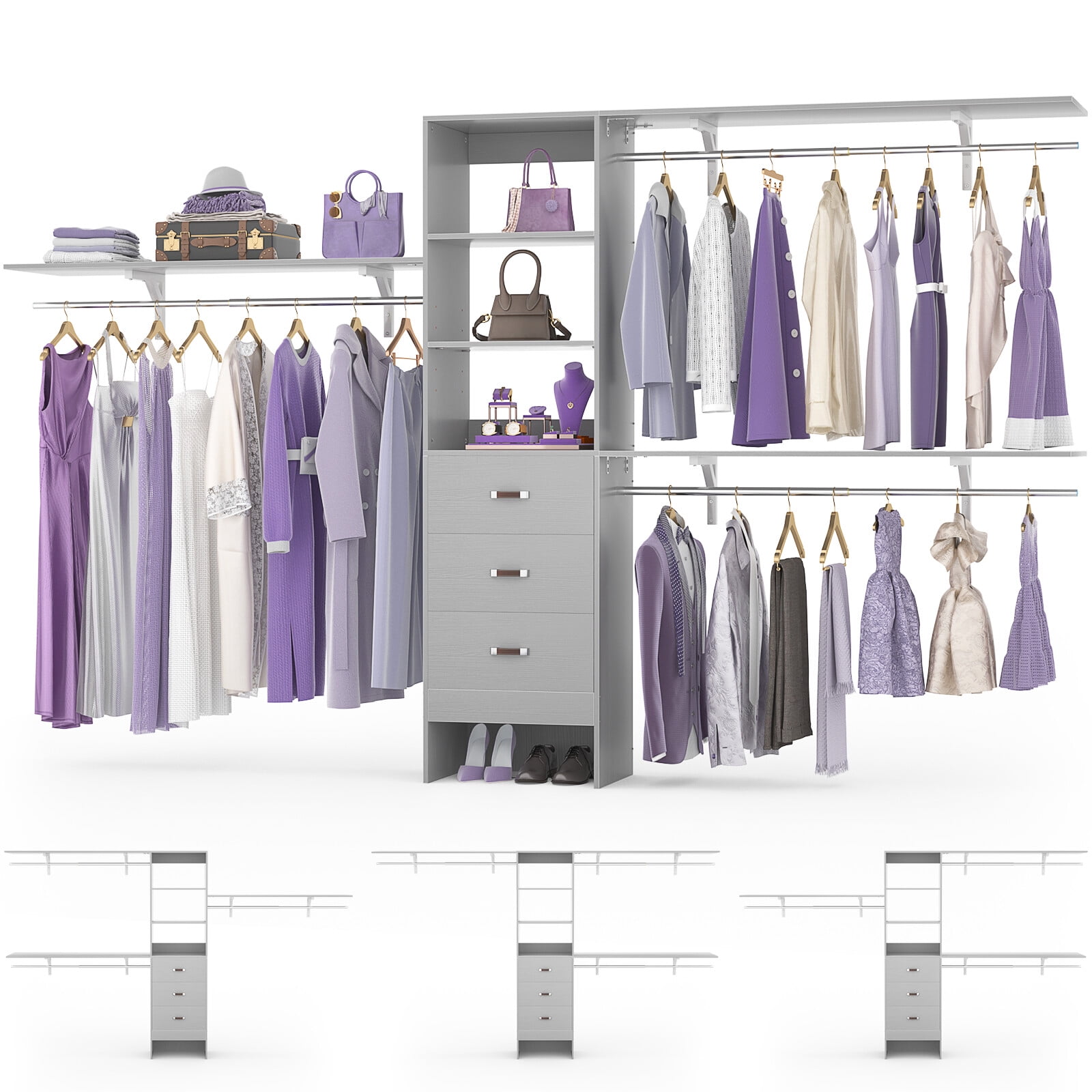 10ft Closet System with 3 Wooden Drawers, Closet Organizer System with ...