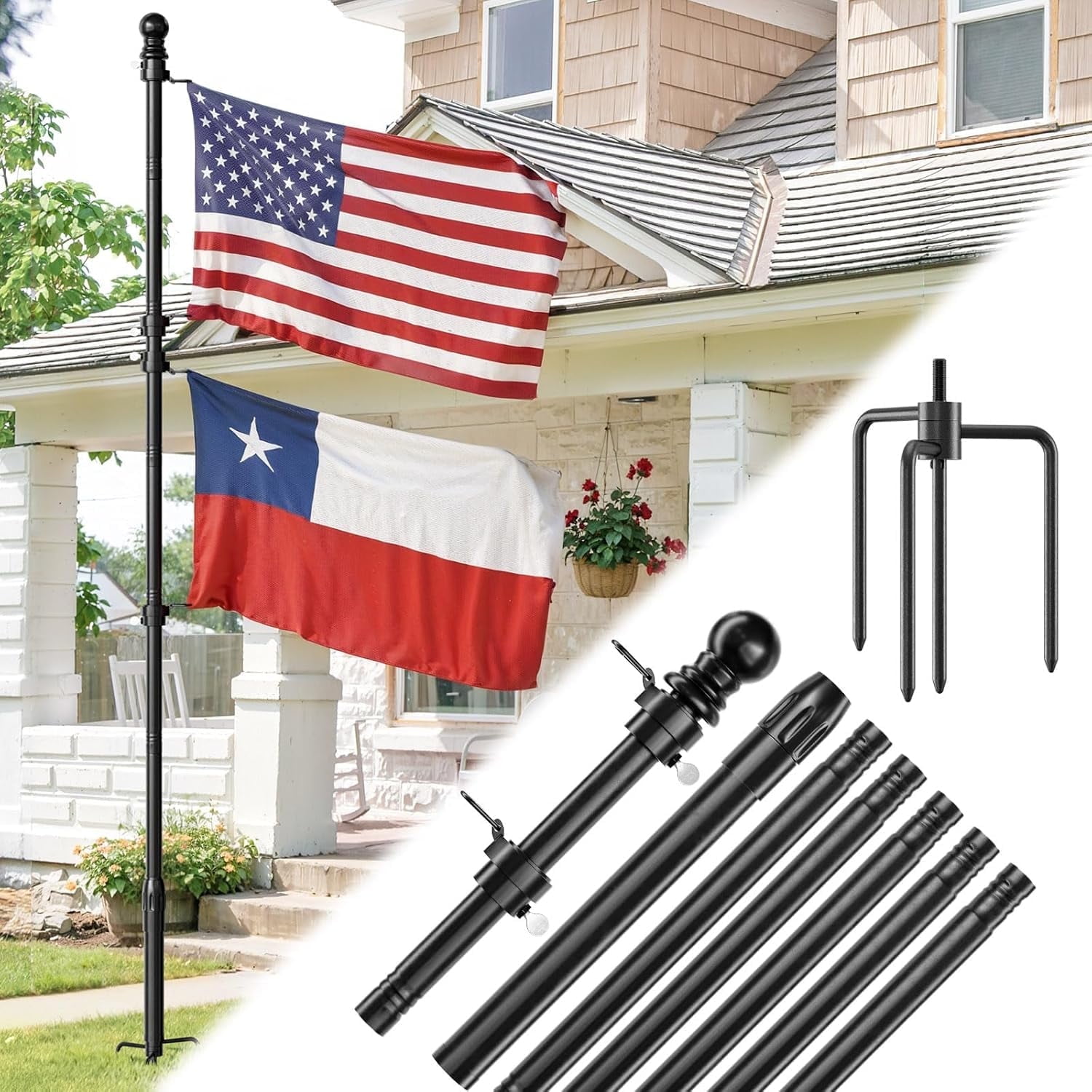 10ft Ground Flagpole, Black Heavy Duty Flagpole Bracket with 4 Prong ...