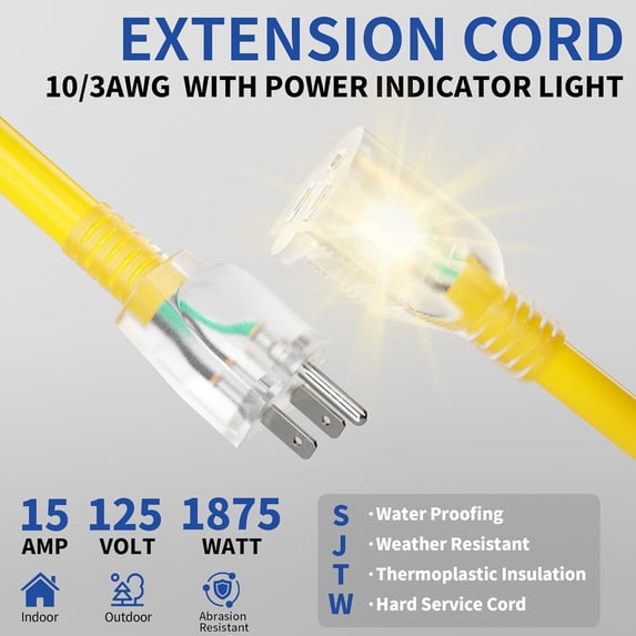 10ft Outdoor/Indoor Extension Cord with Lighted 10/3 Gauge Ultra 3 ...