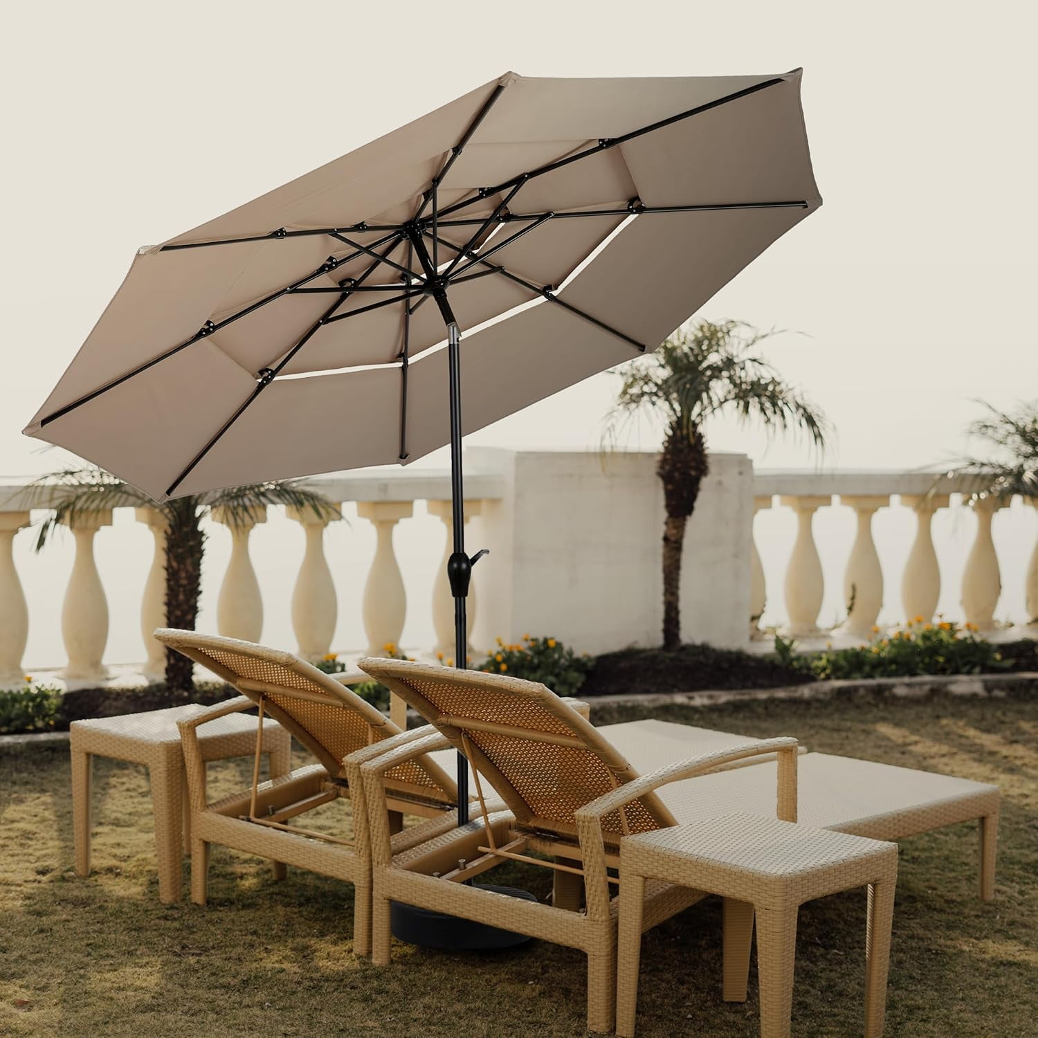 10ft Patio Outdoor Umbrella Market Table Umbrella with 3-Tier Vented Canopy, 8 Heavy-Duty Ribs ...