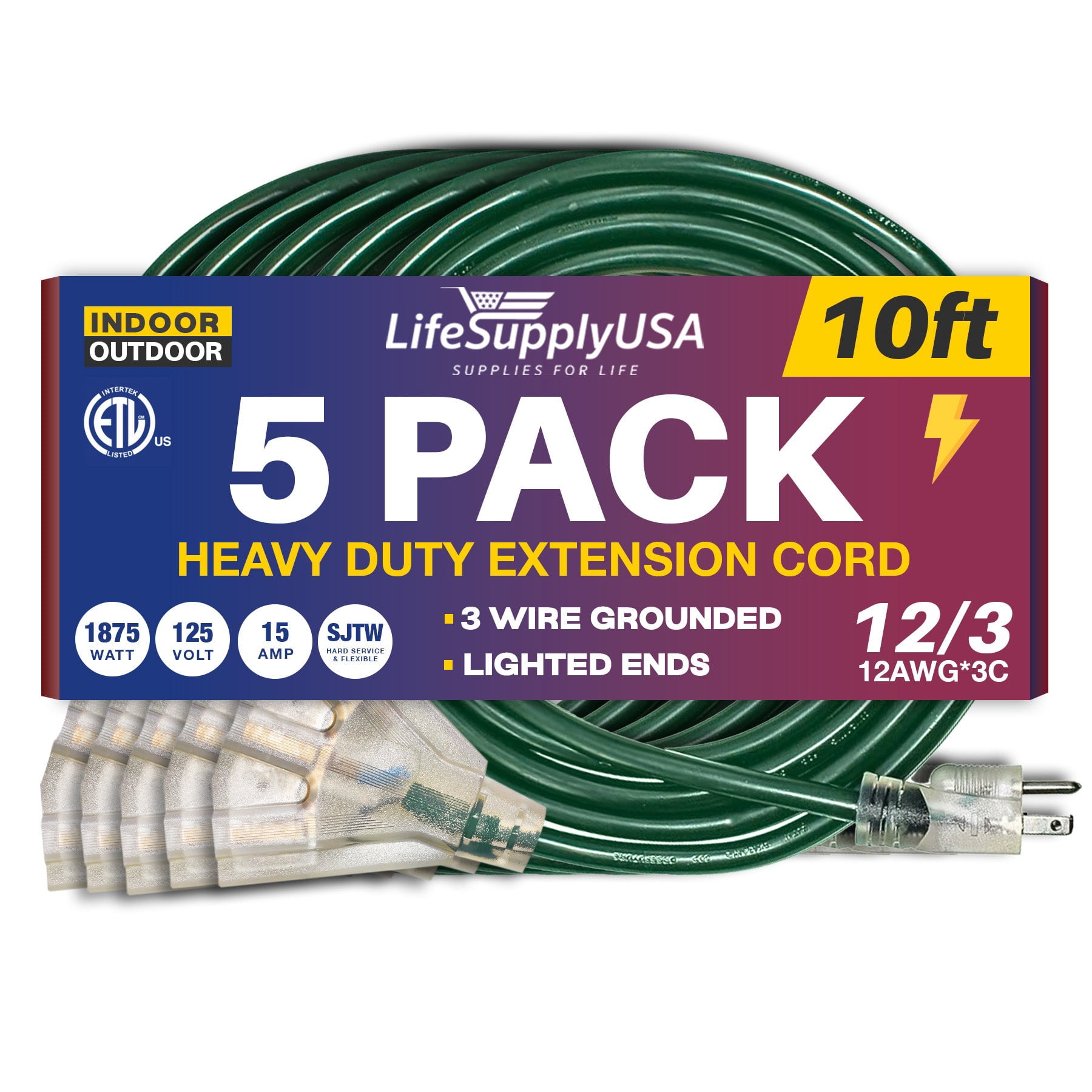 10ft Power Outdoor Extension Cord & Indoor - Waterproof Electric Drop ...
