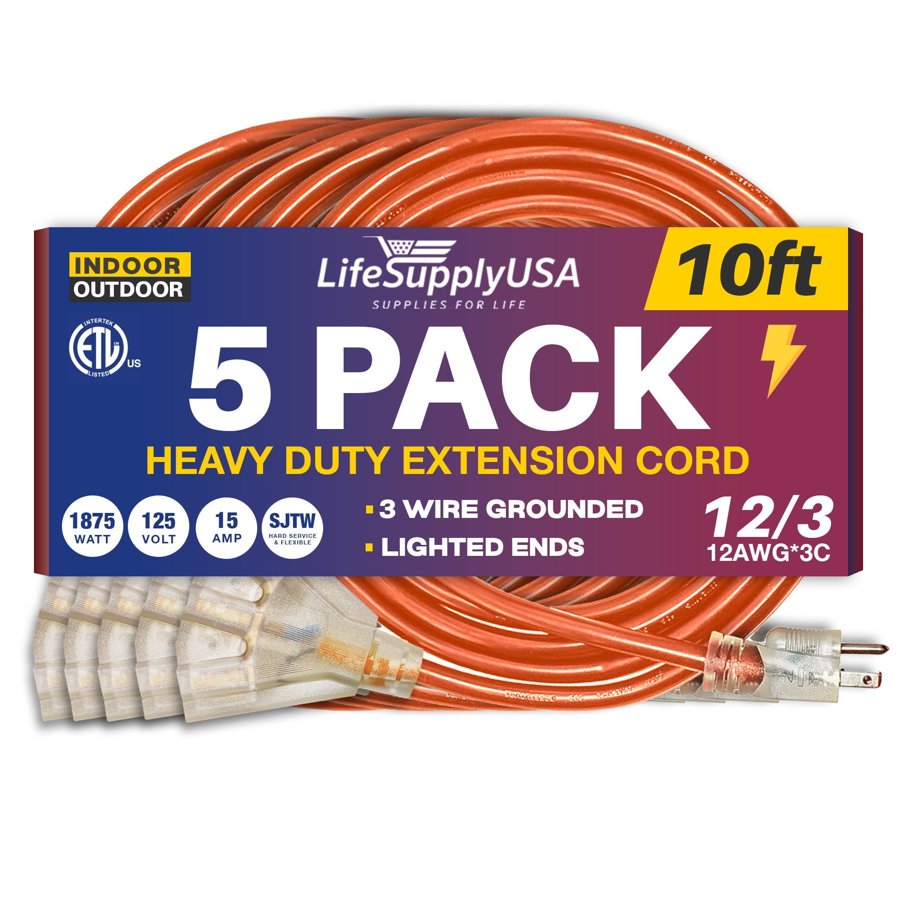 10ft Power Outdoor Extension Cord & Indoor - Waterproof Electric Drop ...