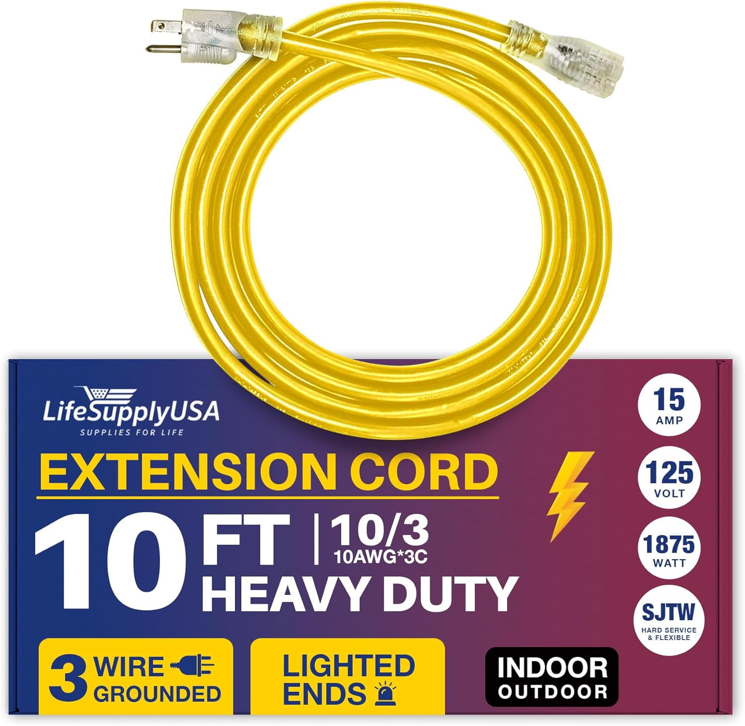 10ft Power Outdoor Extension Cord & Indoor - Waterproof Electric Drop ...