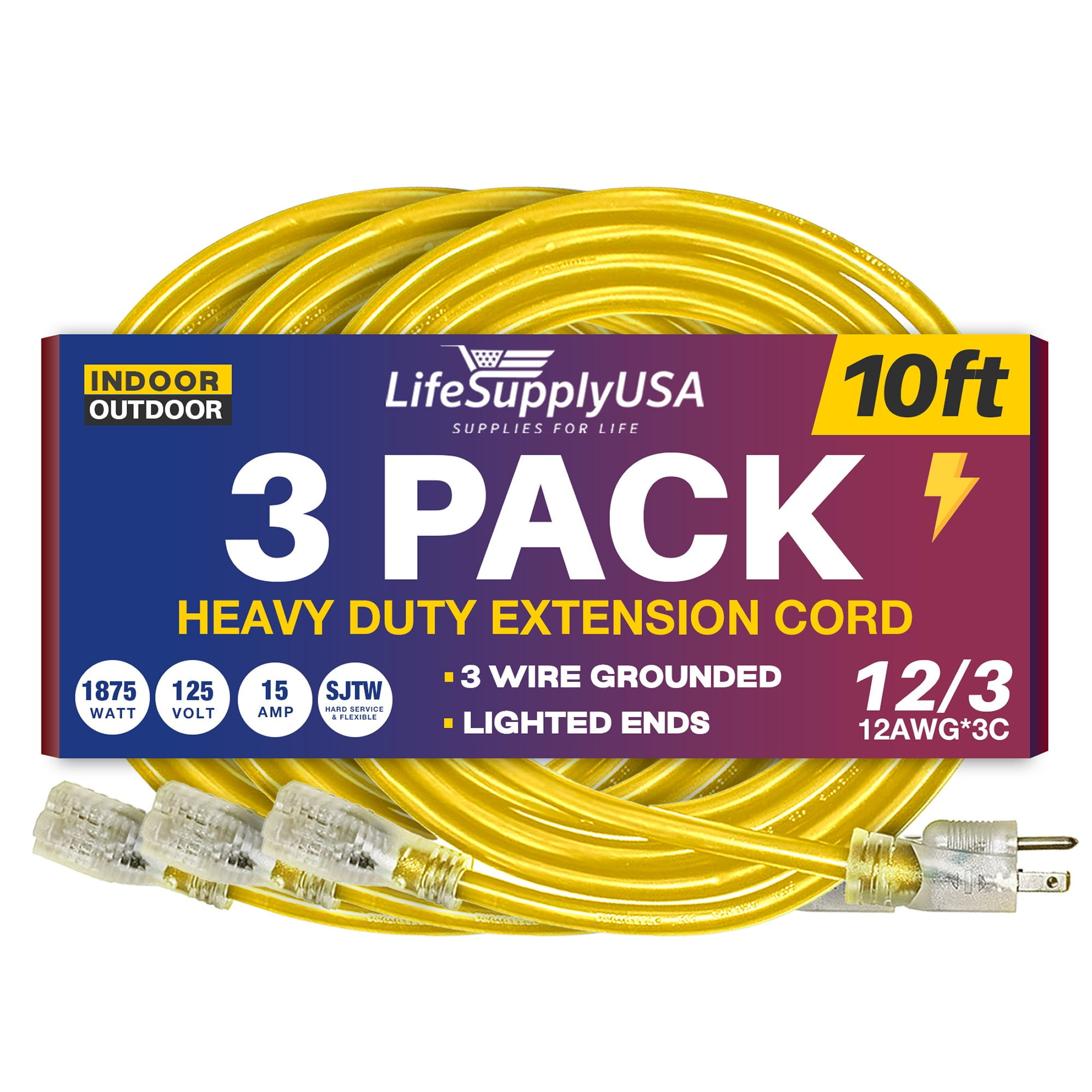 10ft Power Outdoor Extension Cord & Indoor - Waterproof Electric Drop ...