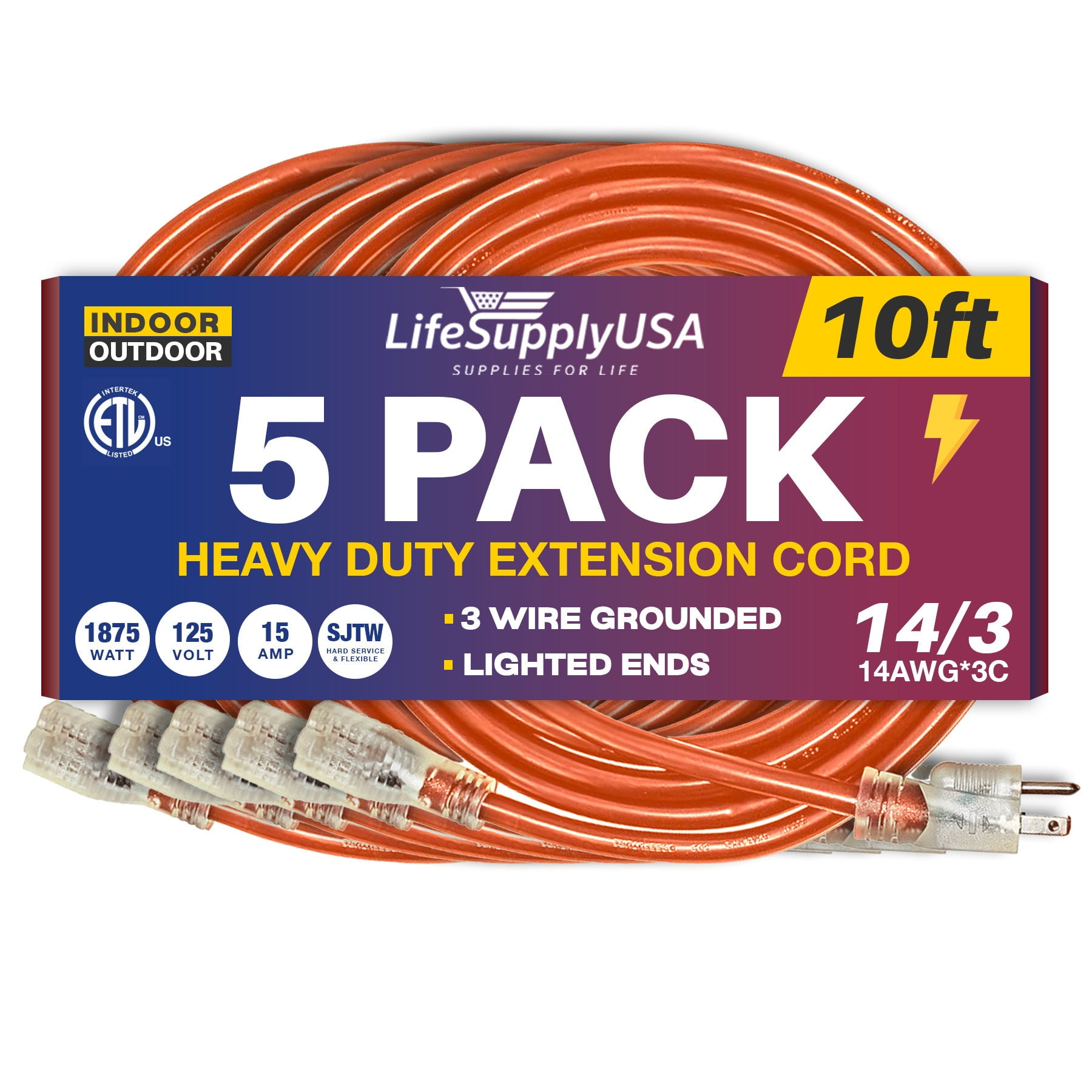 10ft Power Outdoor Extension Cord & Indoor - Waterproof Electric Drop ...