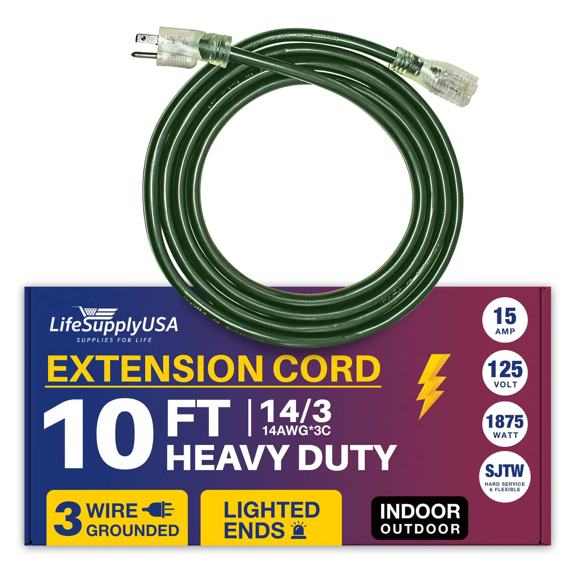 LifeSupplyUSA 14 Gauge 10' Green 1 Outlet SJTW Heavy Duty Extension ...