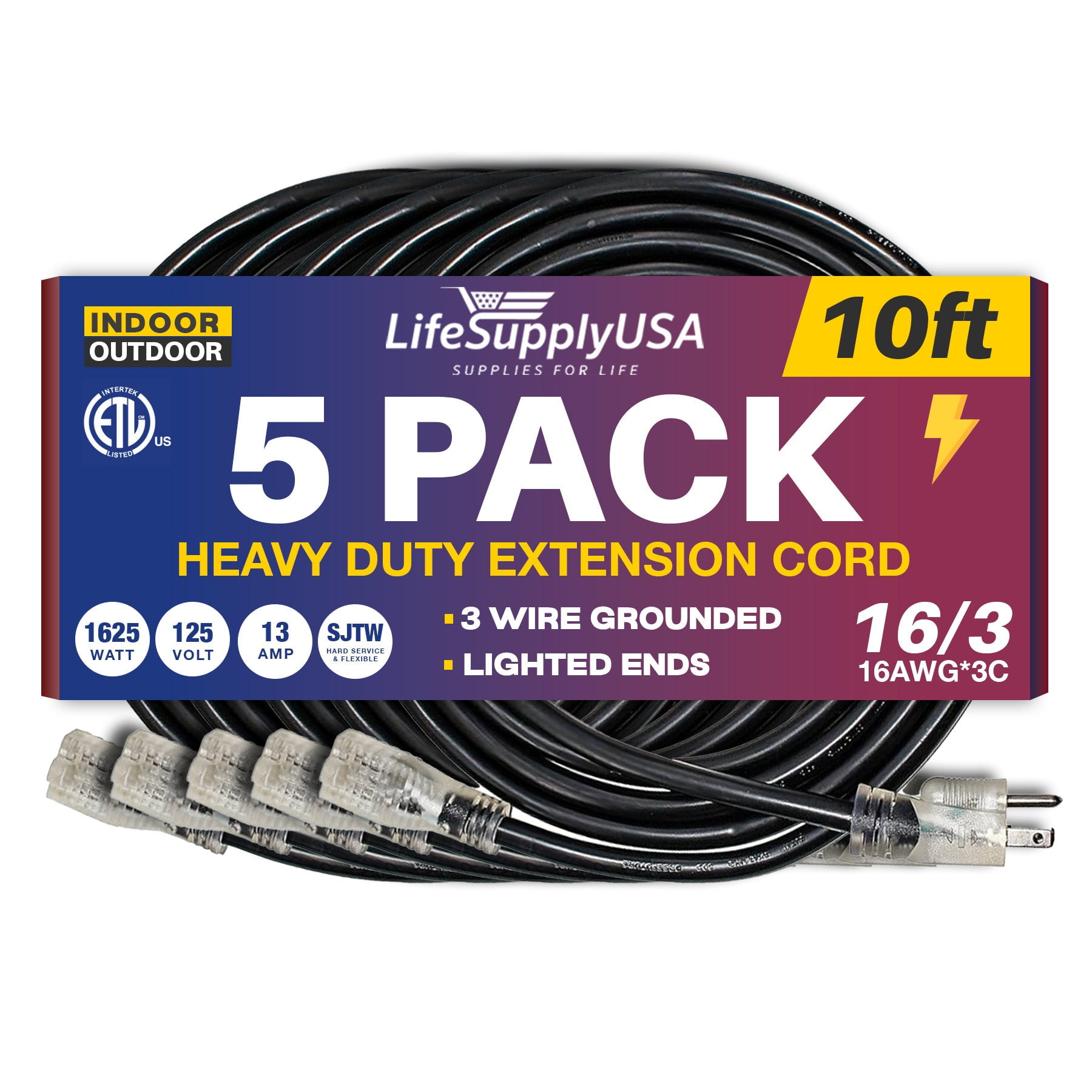 10ft Power Outdoor Extension Cord & Indoor - Waterproof Electric Drop ...