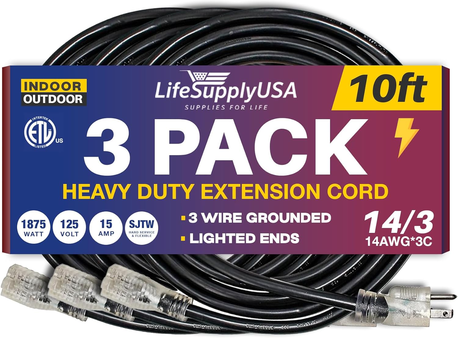 10ft Power Outdoor Extension Cord & Indoor - Waterproof Electric Drop ...