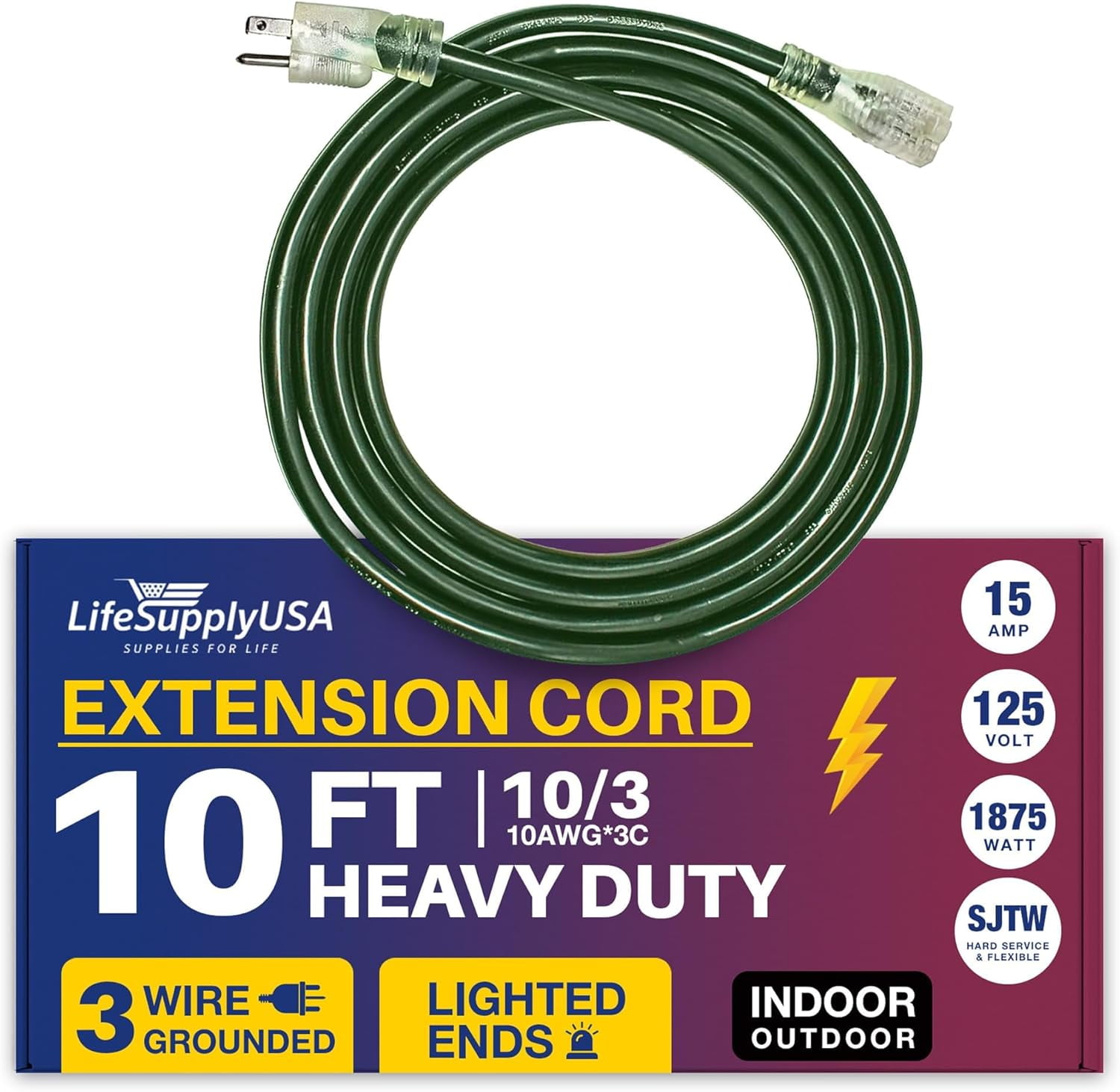 10ft Power Outdoor Extension Cord & Indoor - Waterproof Electric Drop ...