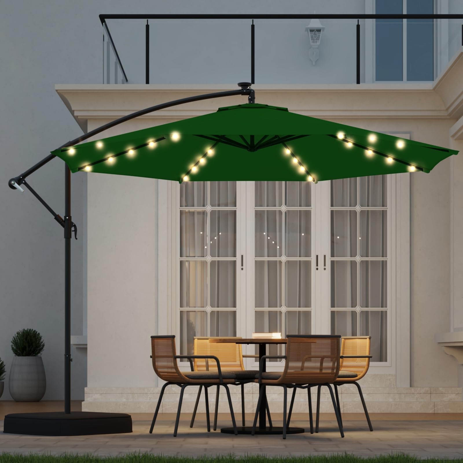 10ft Solar Lighted Patio Umbrella with Base Included, Outdoor Offset ...