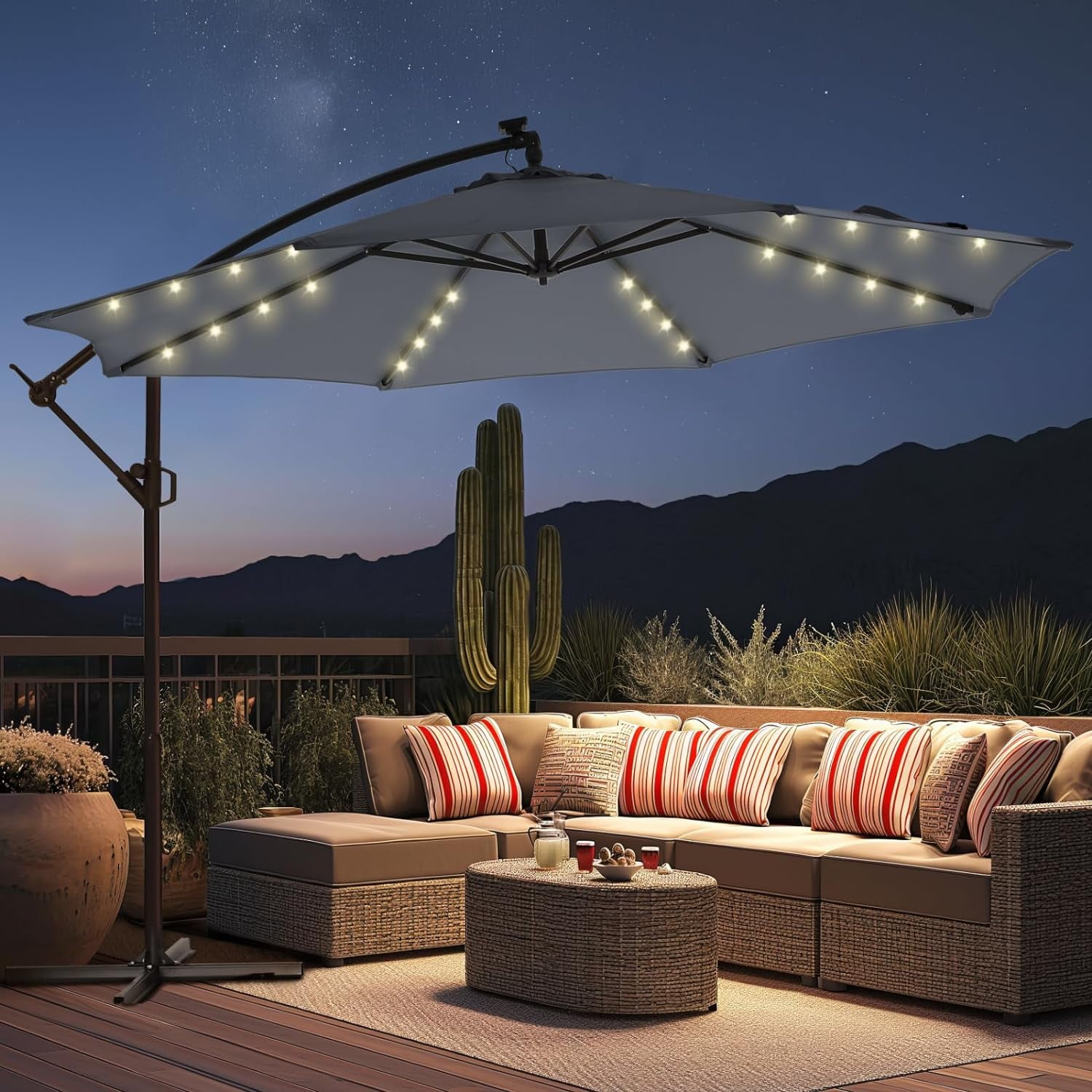 10ft Solar Lights Offset Cantilever Patio Umbrella - with Light, LED ...