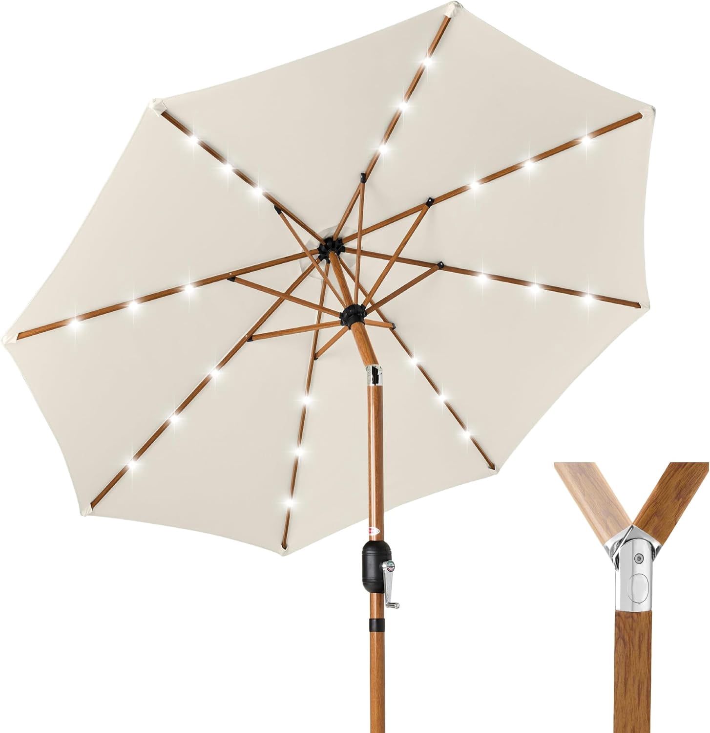 10ft Solar Market Patio Umbrella w/Woodgrain Pattern Pole, LED Lights ...