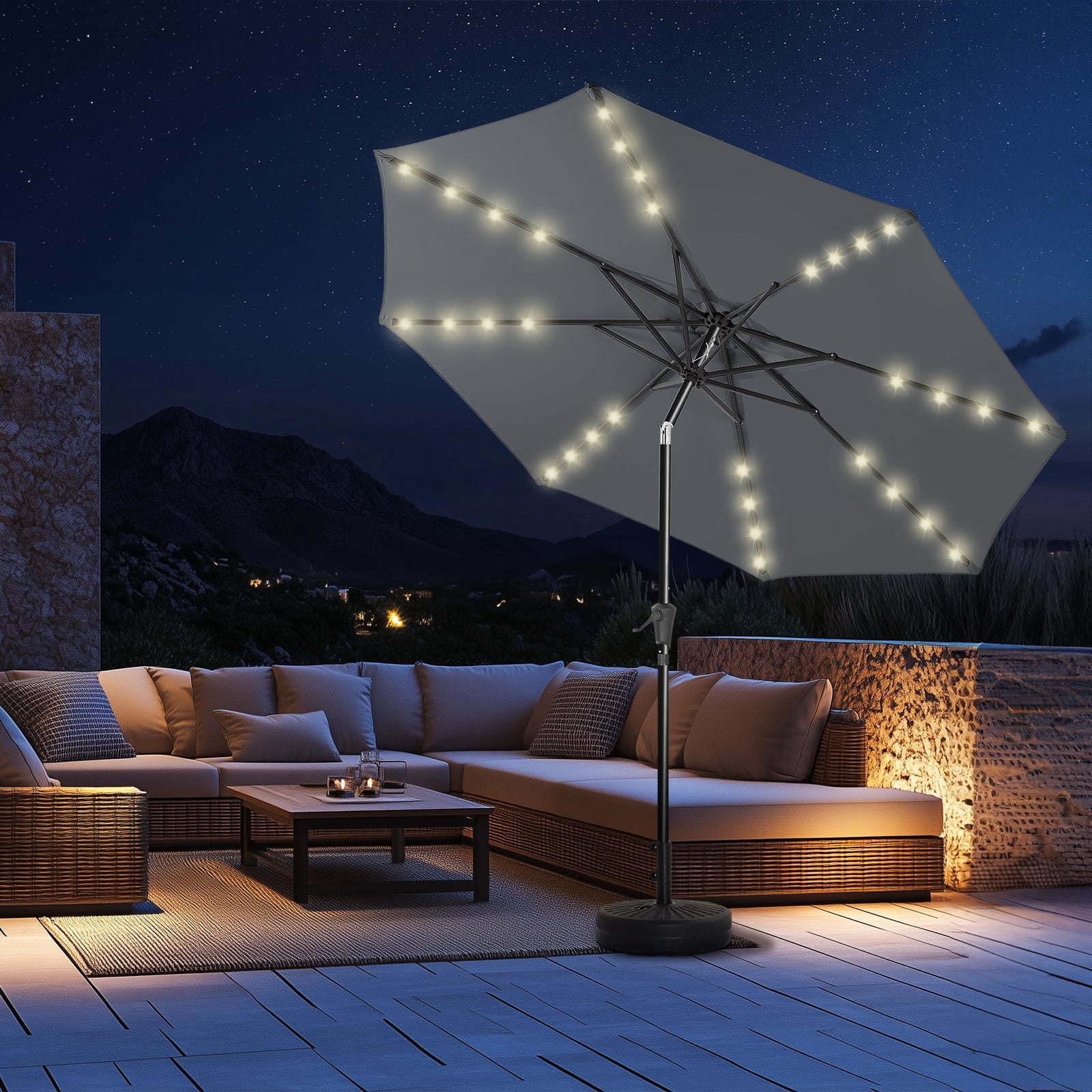 10ft Solar Polyester 32 LED Lighted Patio Umbrella with Tilt Adjustment ...