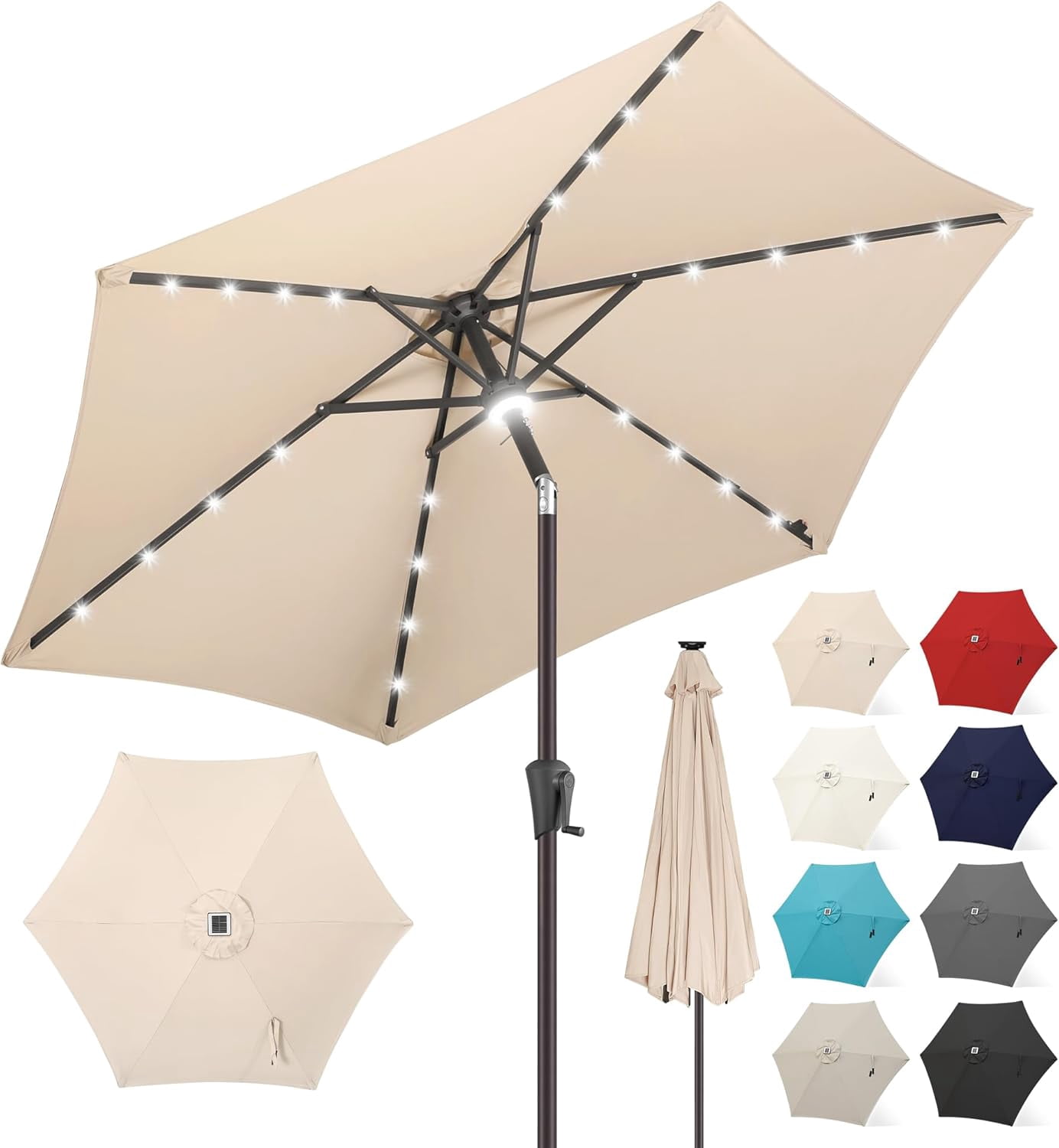 10ft Solar Umbrella - 24 LED Lighted Patio Umbrella with Centre ...