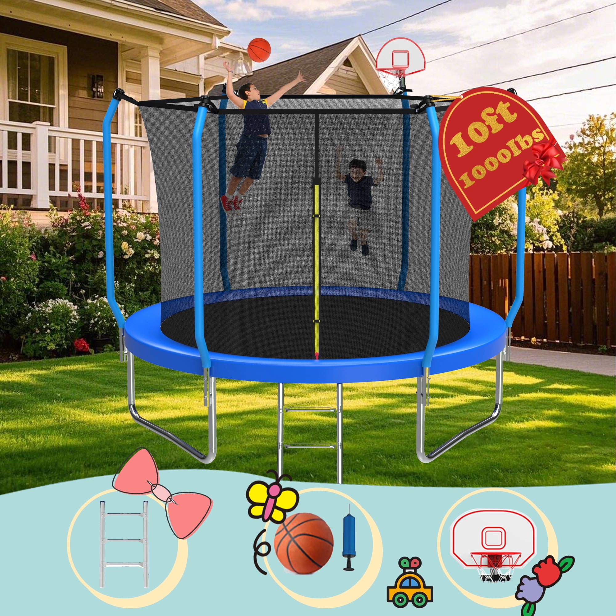 10ft Trampoline for Kids & Adults, UIOWIO 1000lbs Outdoor Trampolines ...