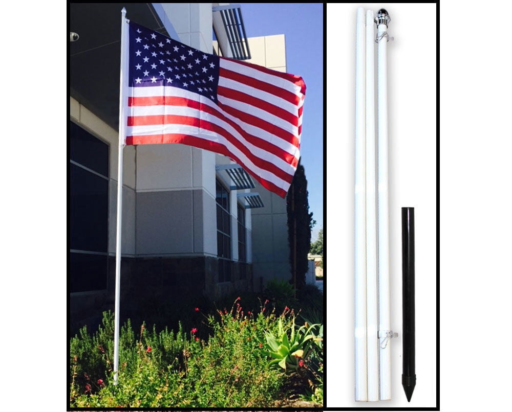 10ft White Steel Outdoor Flag Pole KIT + Ground Spike + Shock Absorber ...