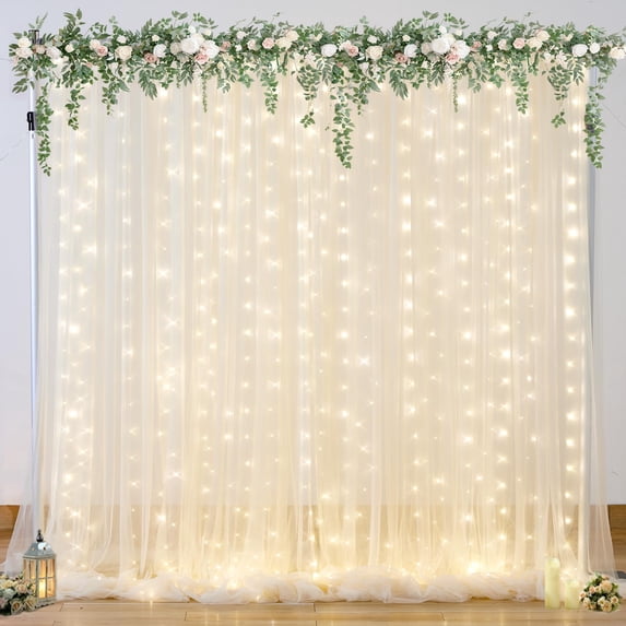 10ft X Champagne Tulledrop Curtain With Lights String For Parties ...