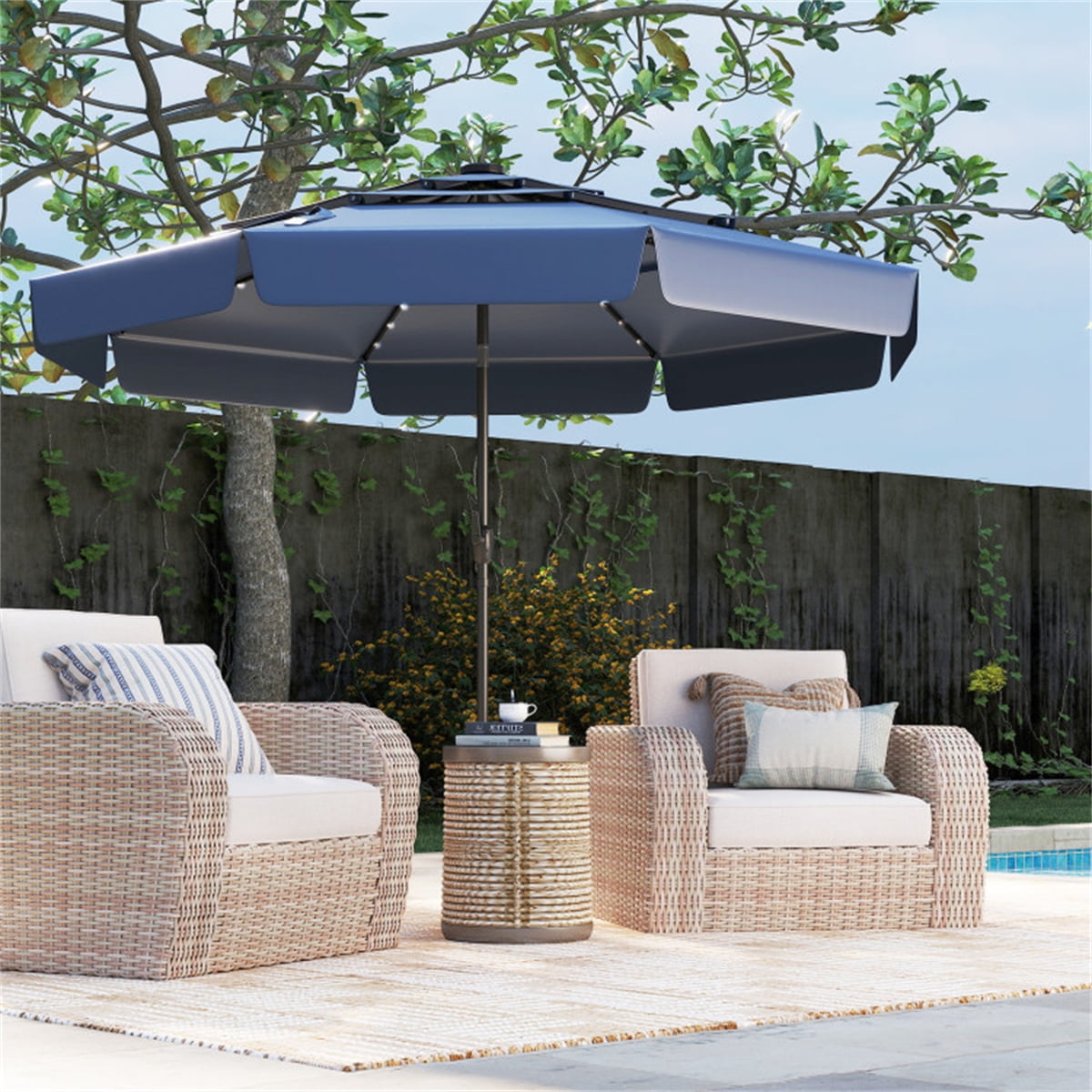 10ft navy blue patio umbrella with solar powered LED lights and multi ...