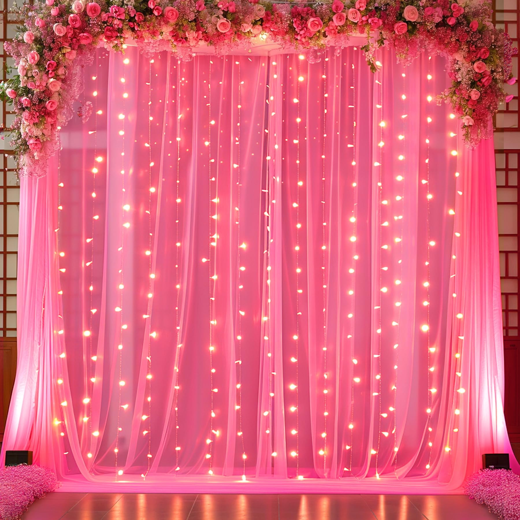 10ft x 10ft Hot Pink Tulle Photo Backdrop Curtain with Lights String ...